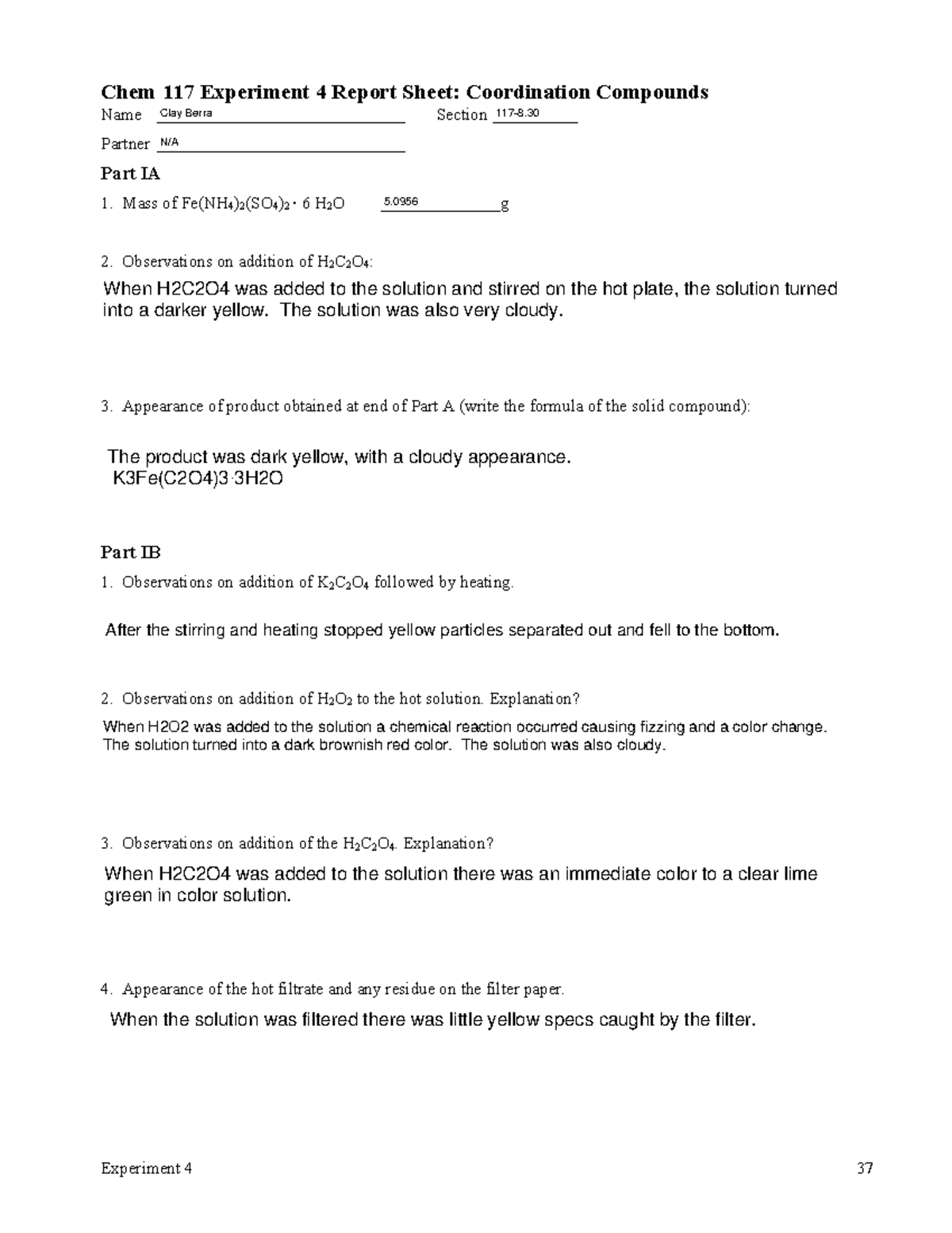 Chem 177 Coordination Compounds Report - Experiment 4 37 Chem 117 ...