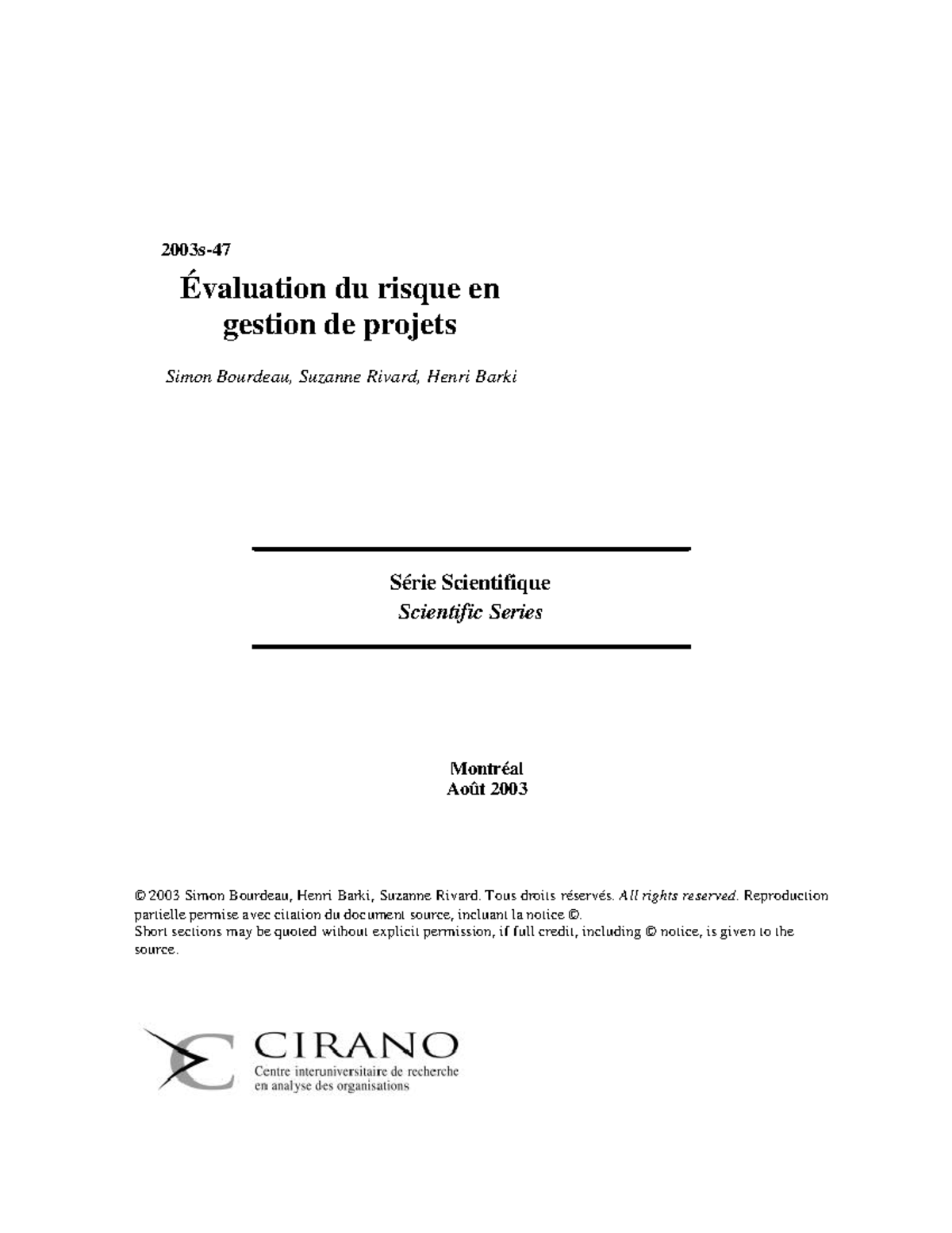 Evaluation Risques Gestion Projet Cirano 2003 - Montréal Août 2003 ...