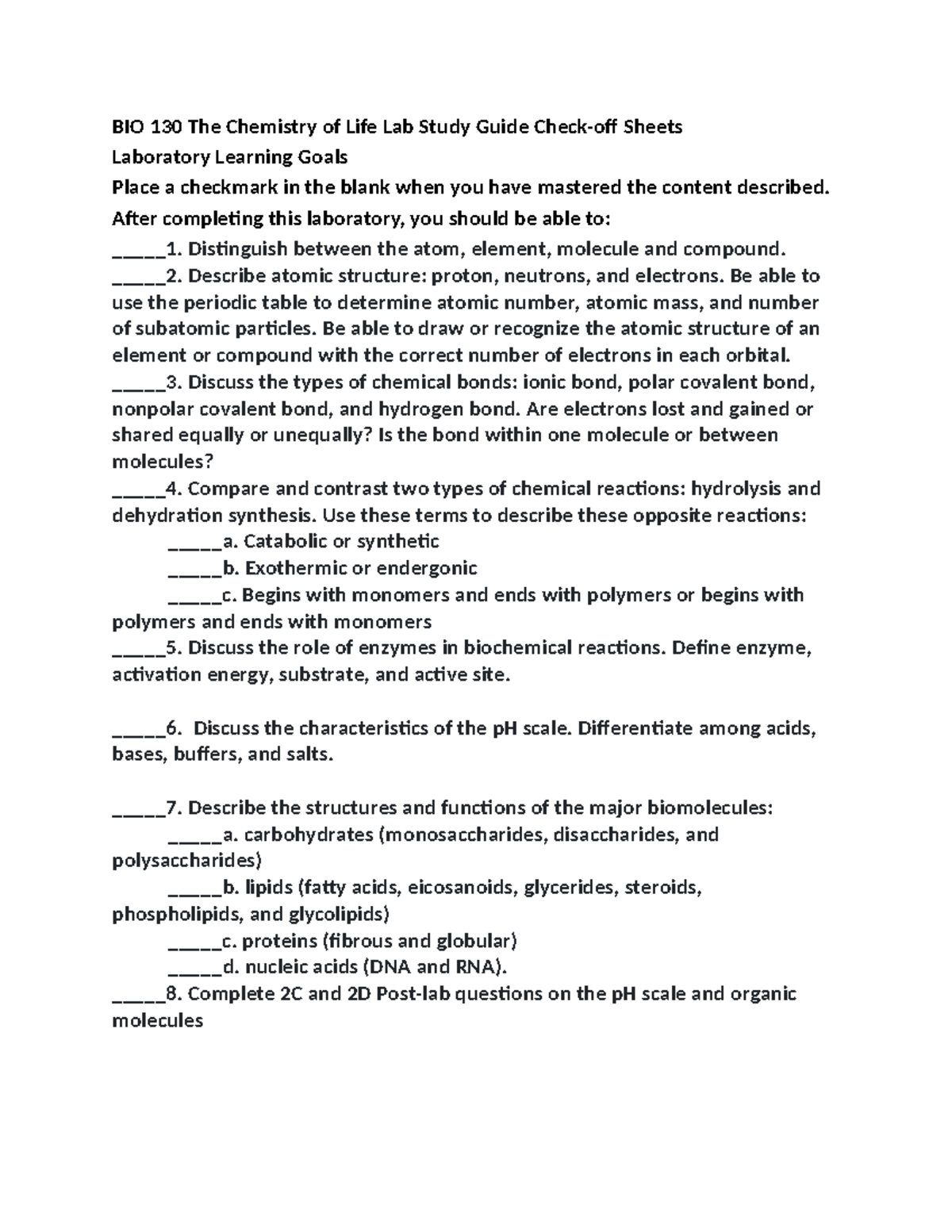 BIO+130+The+Chemistry+of+Life+Lab+Study+Guide+Check-off+Sheets - BIO ...