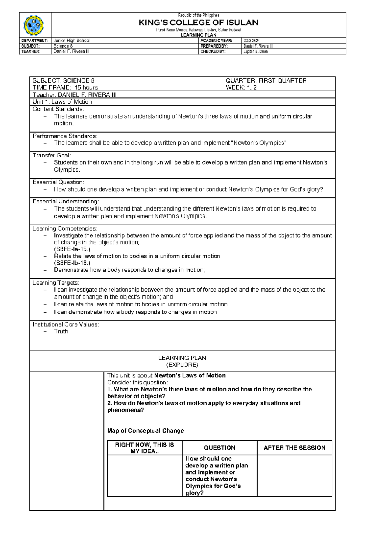 Science 8 Learning Plan U1 - SUBJECT: SCIENCE 8 QUARTER: FIRST QUARTER ...
