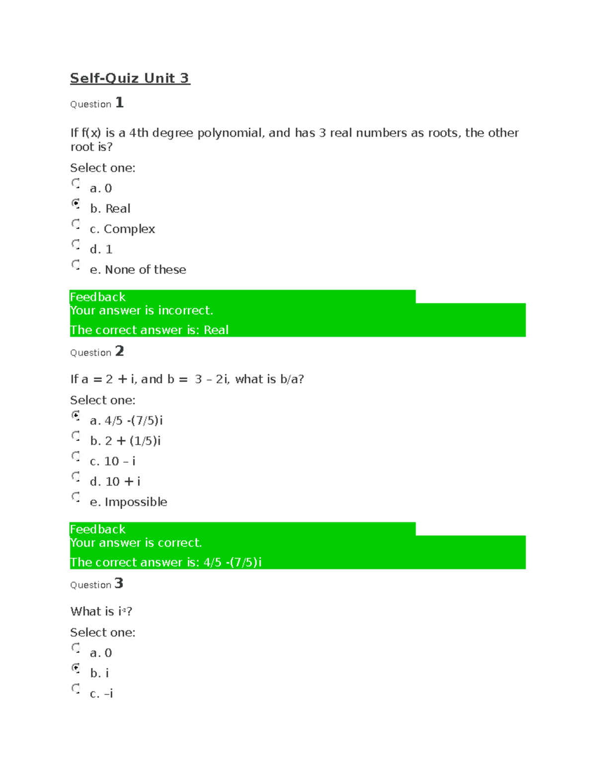 Self-Quiz - Unit 3 - College Algebra - Self-Quiz Unit 3 Question 1 If f ...