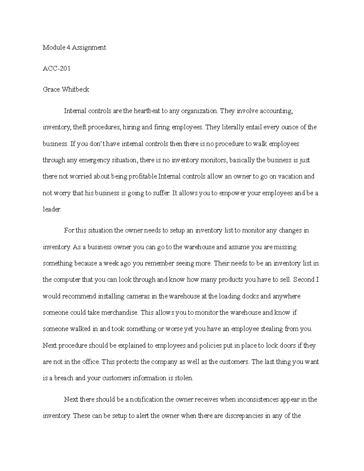 Module 4 Assignment ACC 201 - Module 4 Assignment ACC- Grace Whitbeck ...