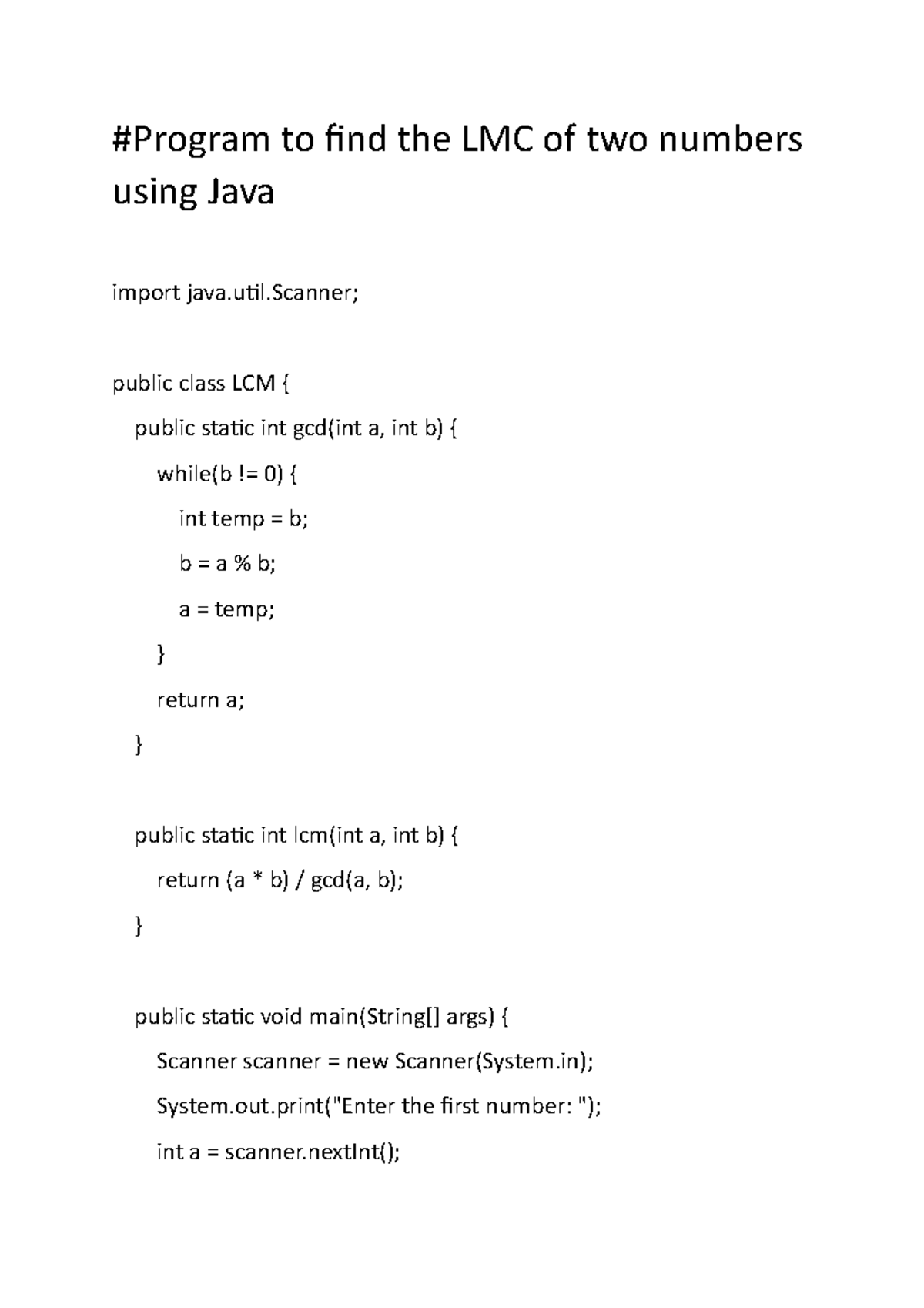 LMC of two numbers using- Java - #Program to find the LMC of two numbers using Java import - Studocu