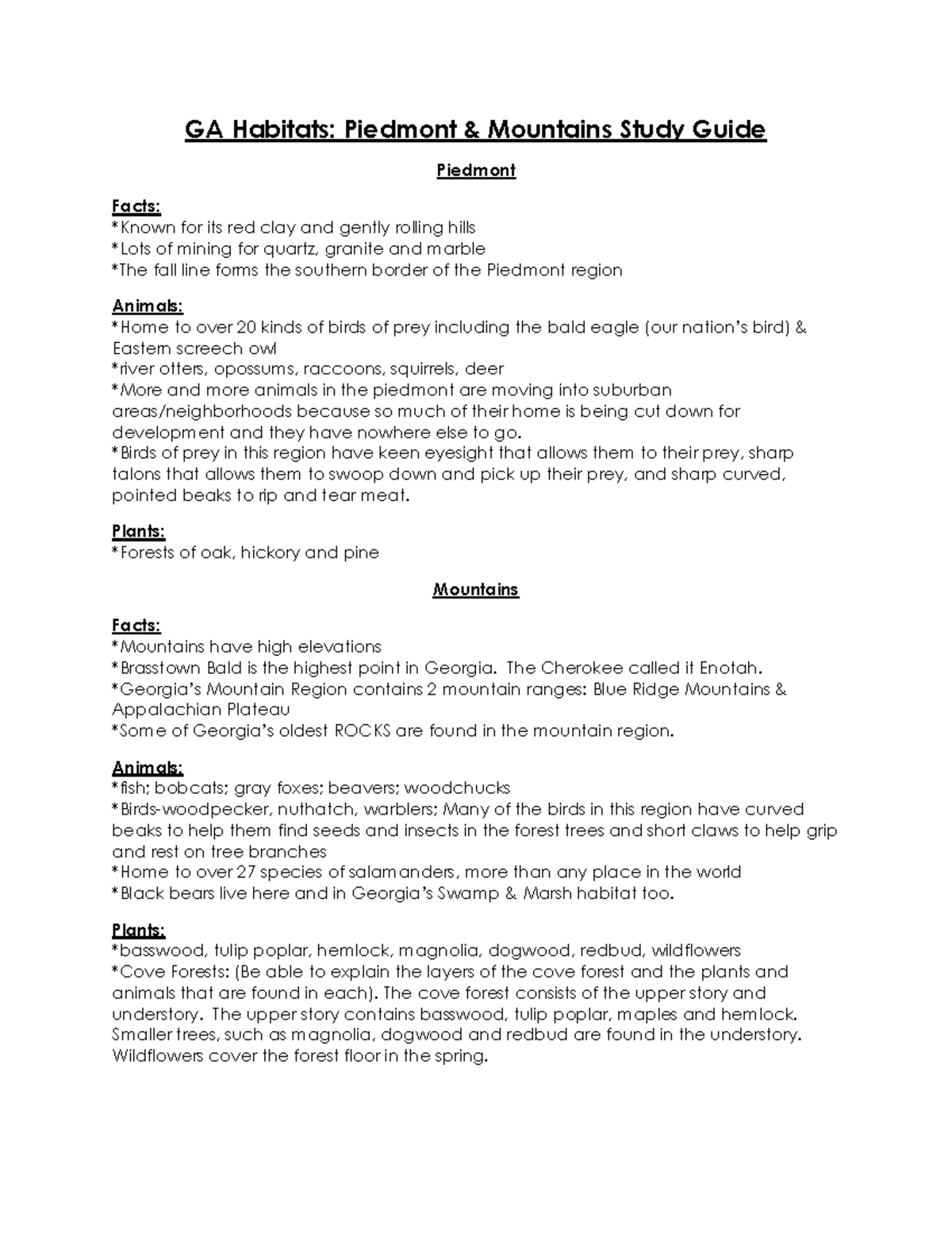 GA Habitats Piedmont Mountains Study Guide - GA Habitats: Piedmont ...