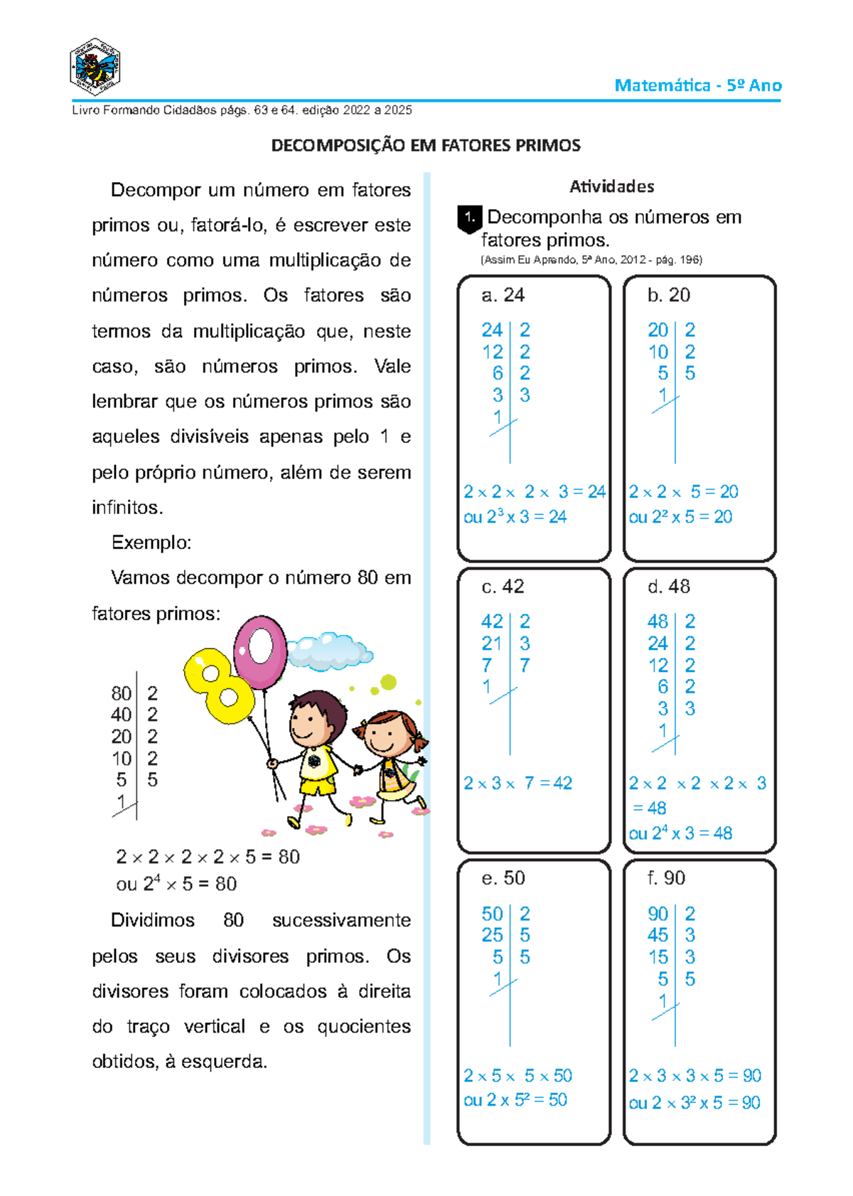 DECOMPOSIÇÃO EM FATORES PRIMOS 5º ANO DO FUNDAMENTAL COM GABARITO ...