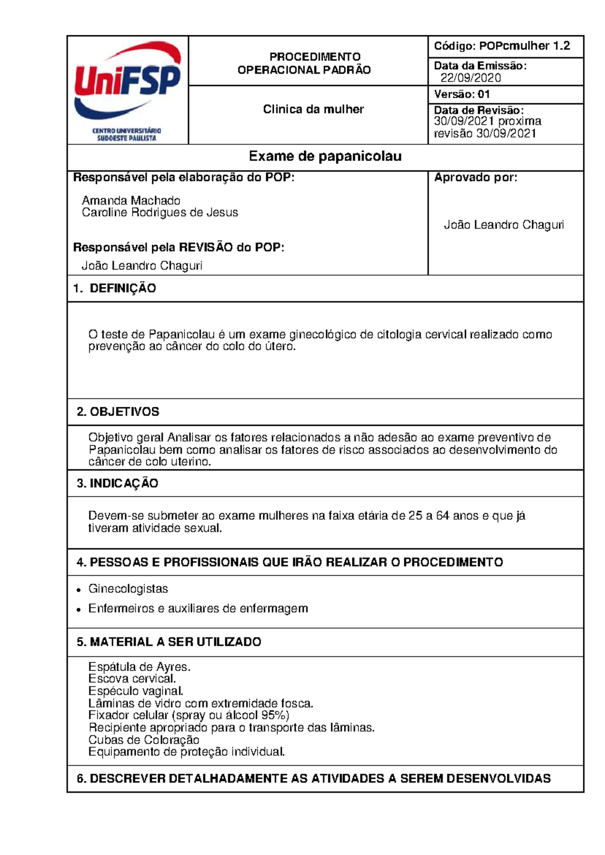 1 - POP papanicolau - Pop de Saúde da Mulher - PROCEDIMENTO OPERACIONAL ...