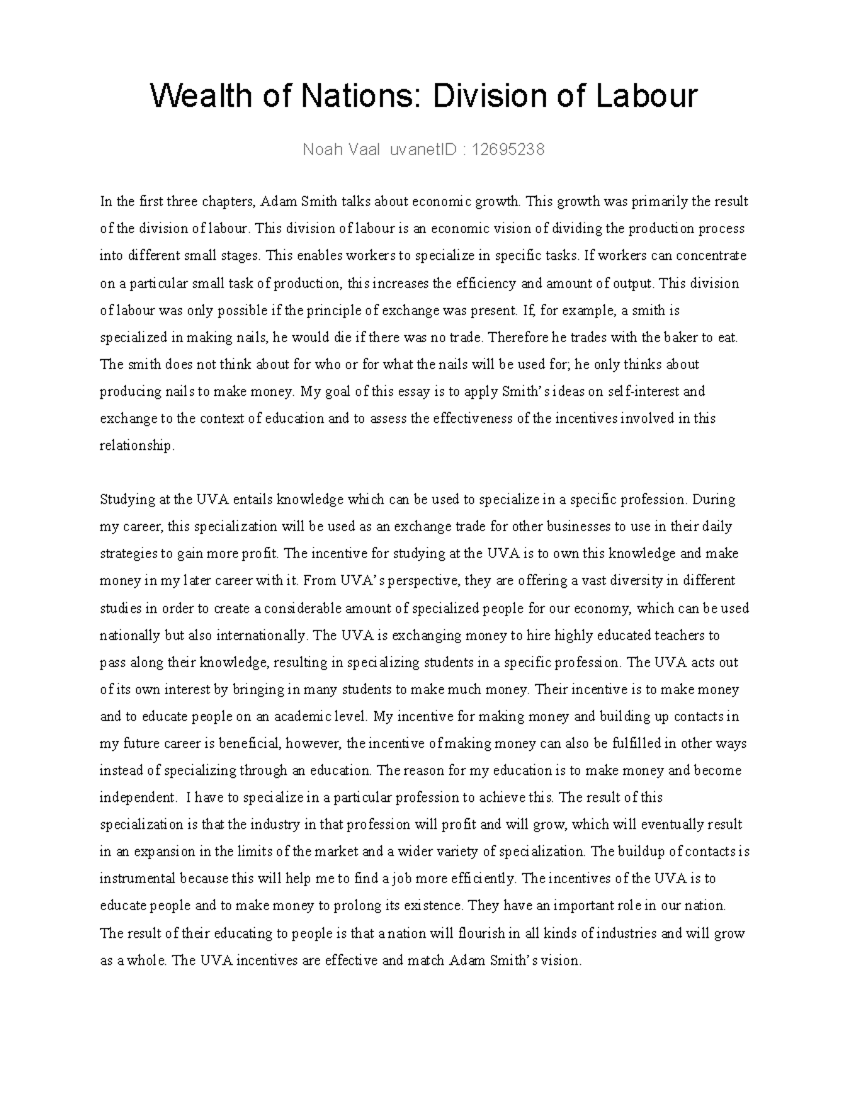 Adam Smith Assignment-2 - Wealth of Nations: Division of Labour Noah ...