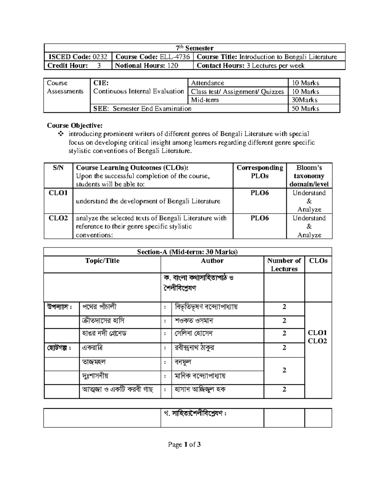 ELL-4736-Introduction to Bengali Literature - Page 1 of 3 7 th Semester ...