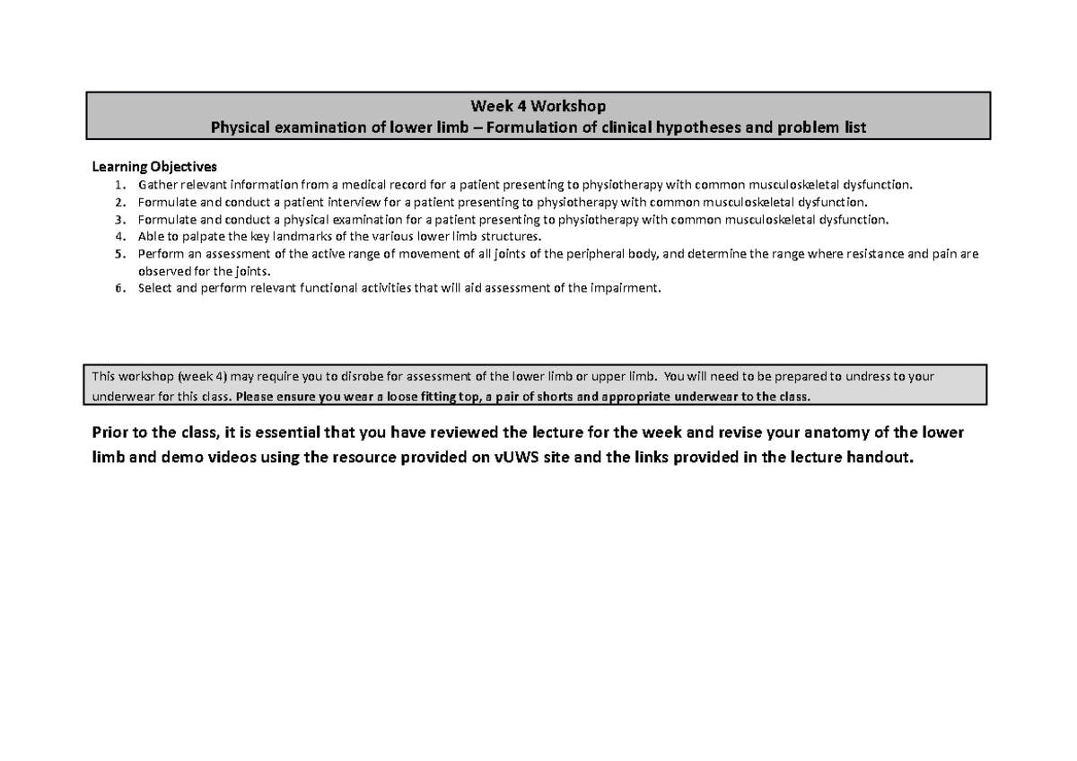 Week 4 Core 2023 practical - Week 4 Workshop Physical examination of ...