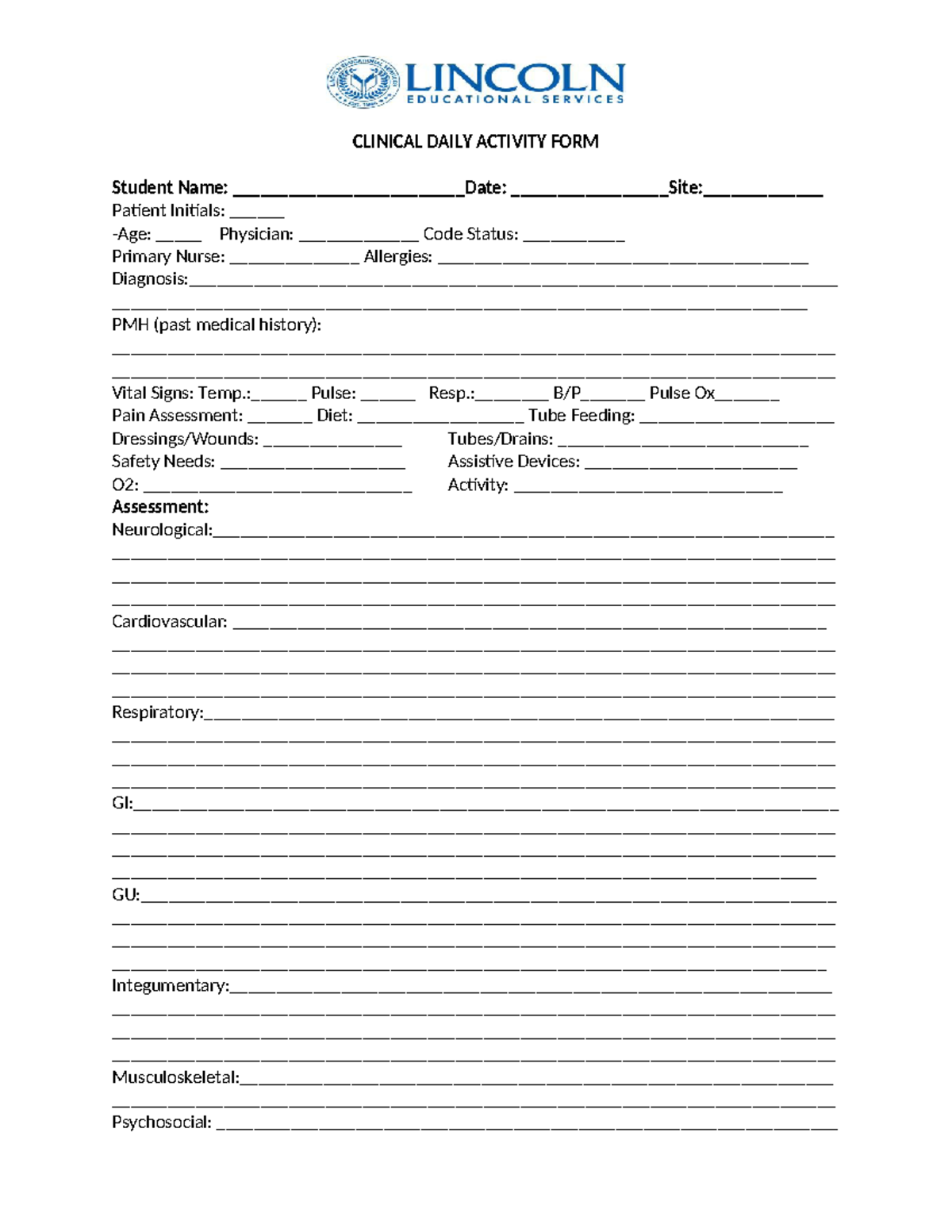 Clinical 4 - n/a - CLINICAL DAILY ACTIVITY FORM Student Name: Date ...