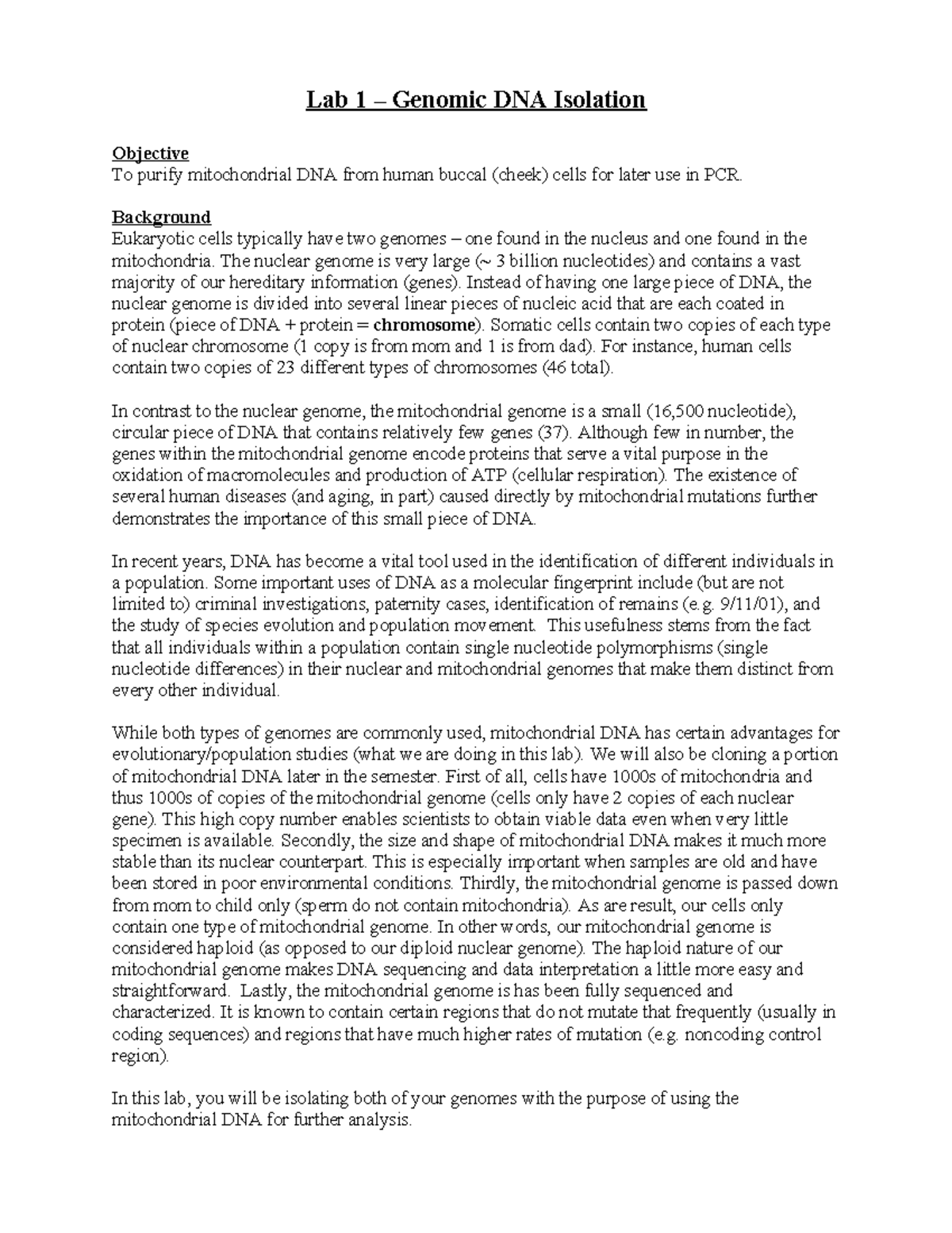 Lab 1 - Genomic DNA isolation Revised - Lab 1 – Genomic DNA Isolation ...