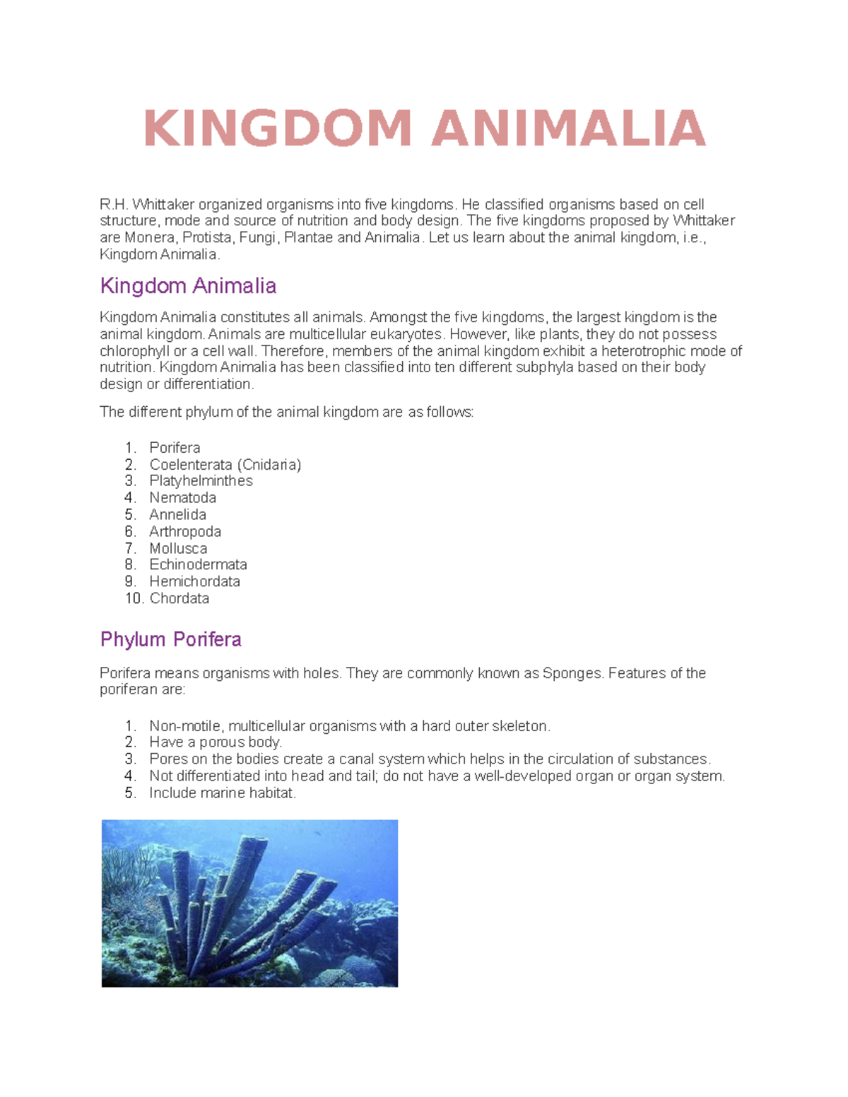 Kingdom Animalia - Its lecture notes - KINGDOM ANIMALIA R. Whittaker ...