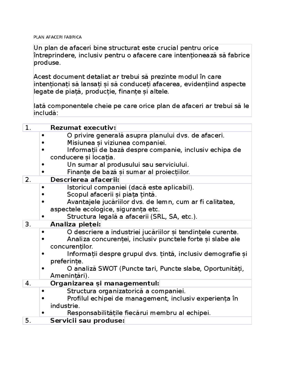 Plan afaceri fabrica - PLAN AFACERI FABRICA Un plan de afaceri bine ...