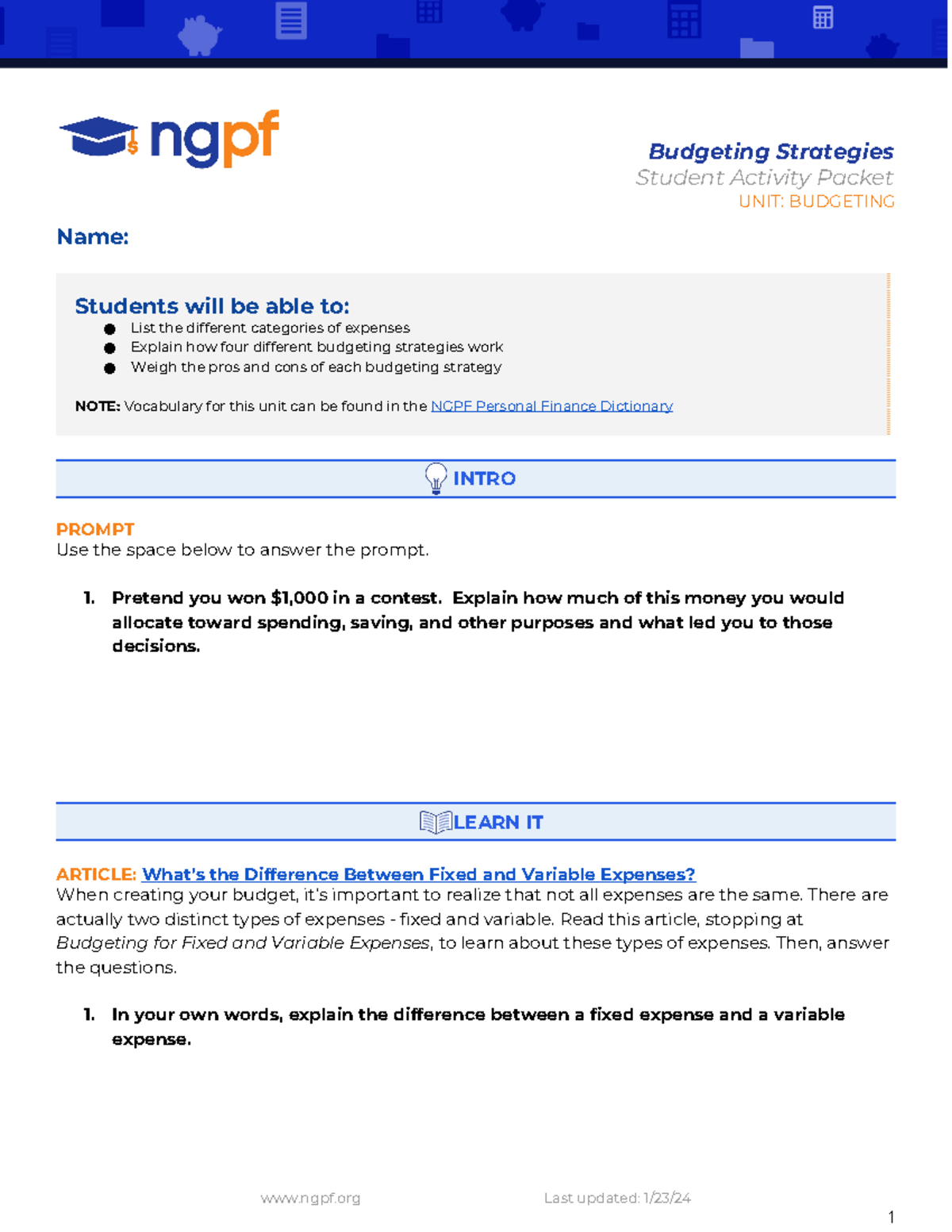 Budgeting Strategies Student Activity Packet-1 - Budgeting Strategies ...