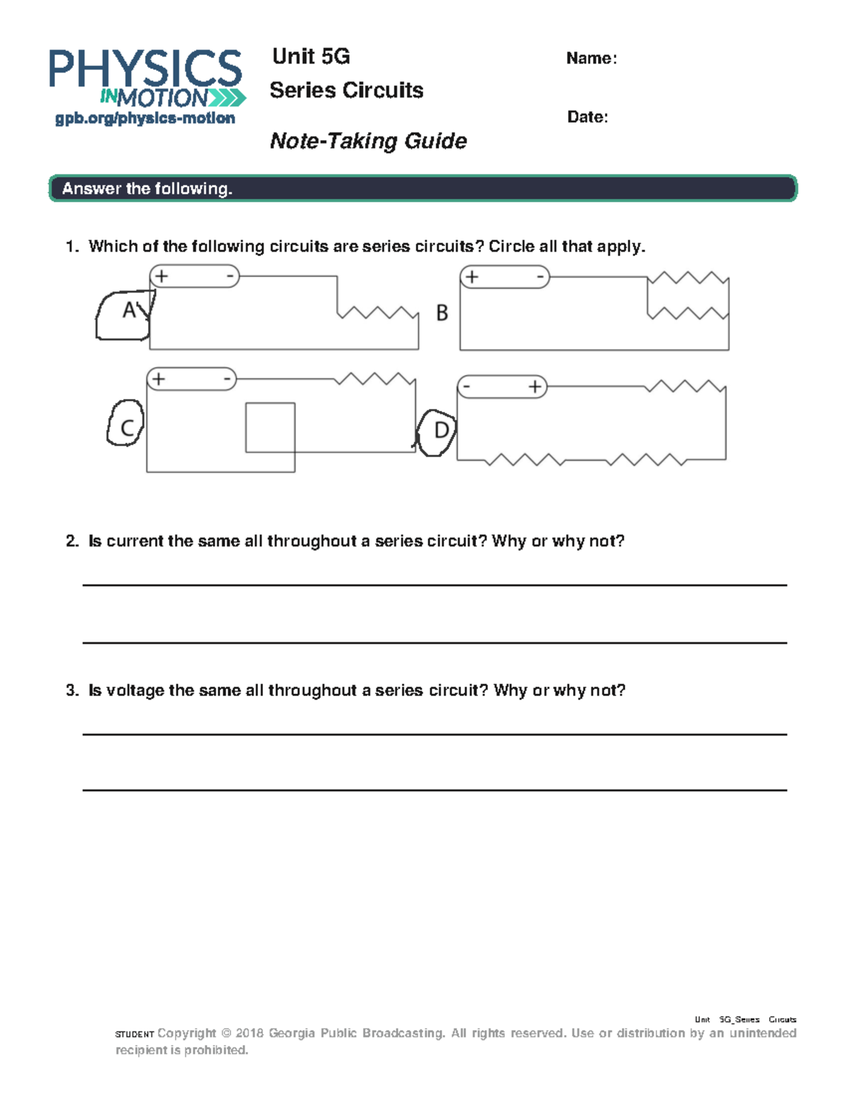 Annotated-unit 5g notetaking guide and queststudent-1 - Unit 5G Name: Series Circuits Date: Unit ...