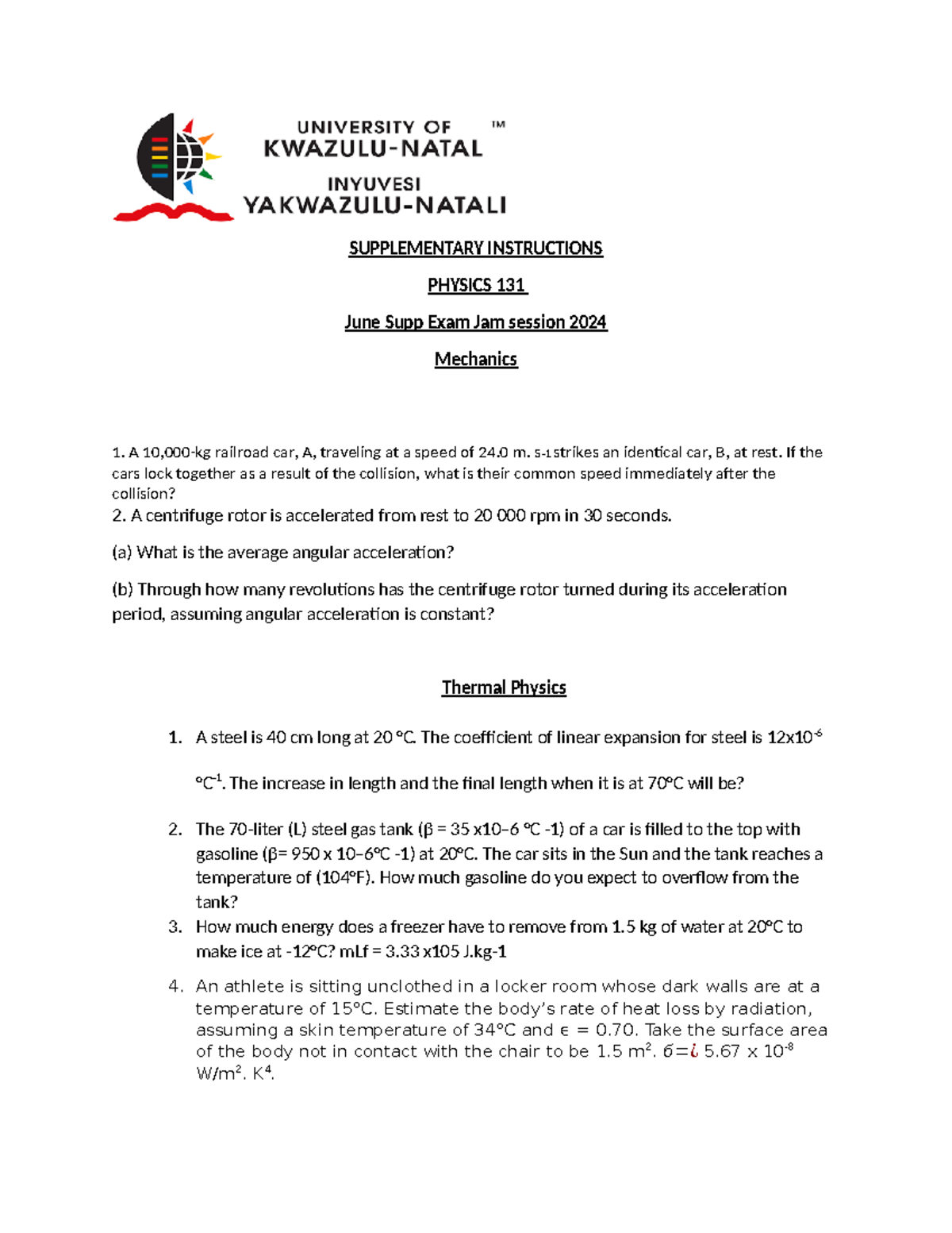 SI June Supp Jam Session - SUPPLEMENTARY INSTRUCTIONS PHYSICS 131 June ...
