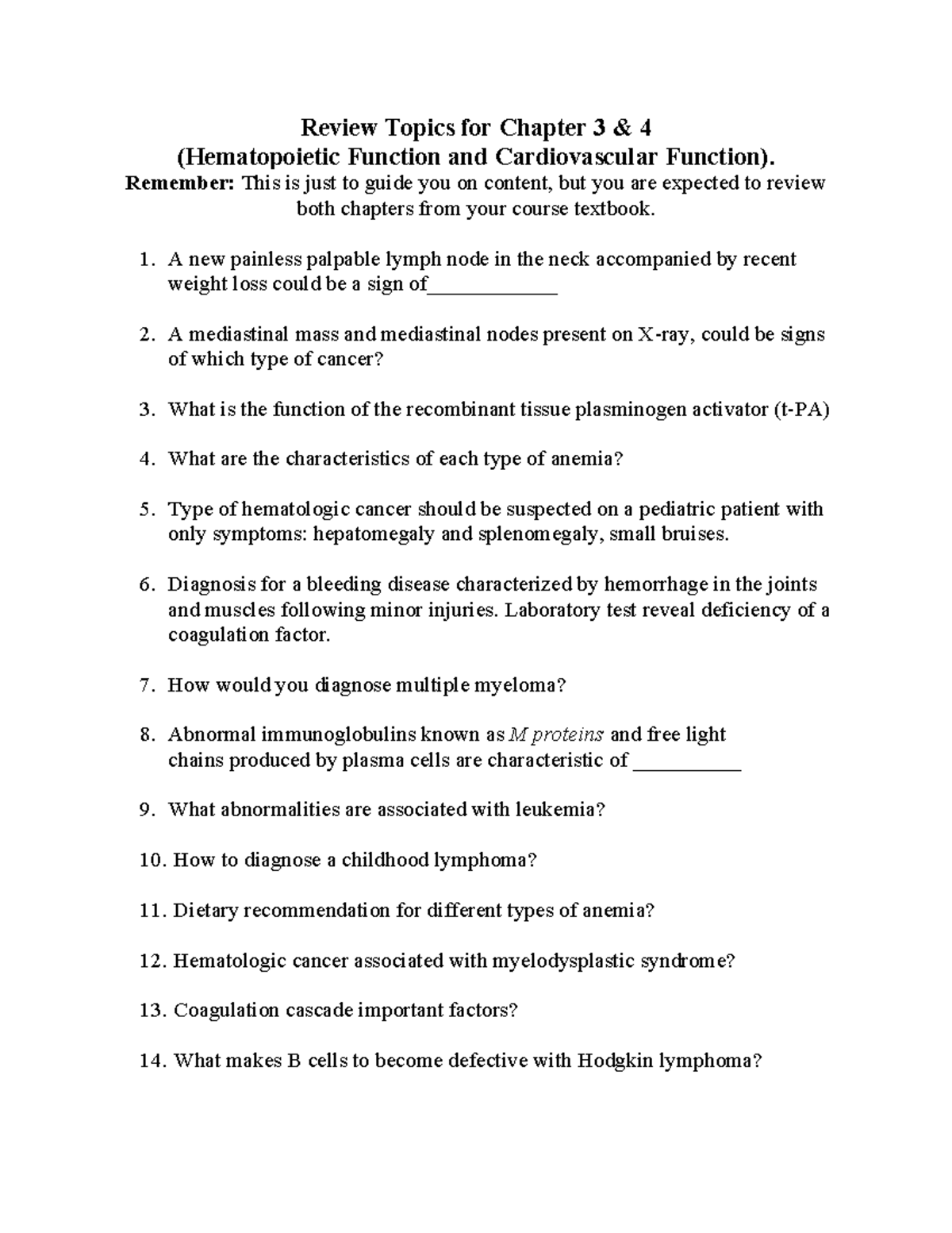 Review Topics Chapter 3 & 4 NUR 502 Advanced Patho - Review Topics for ...