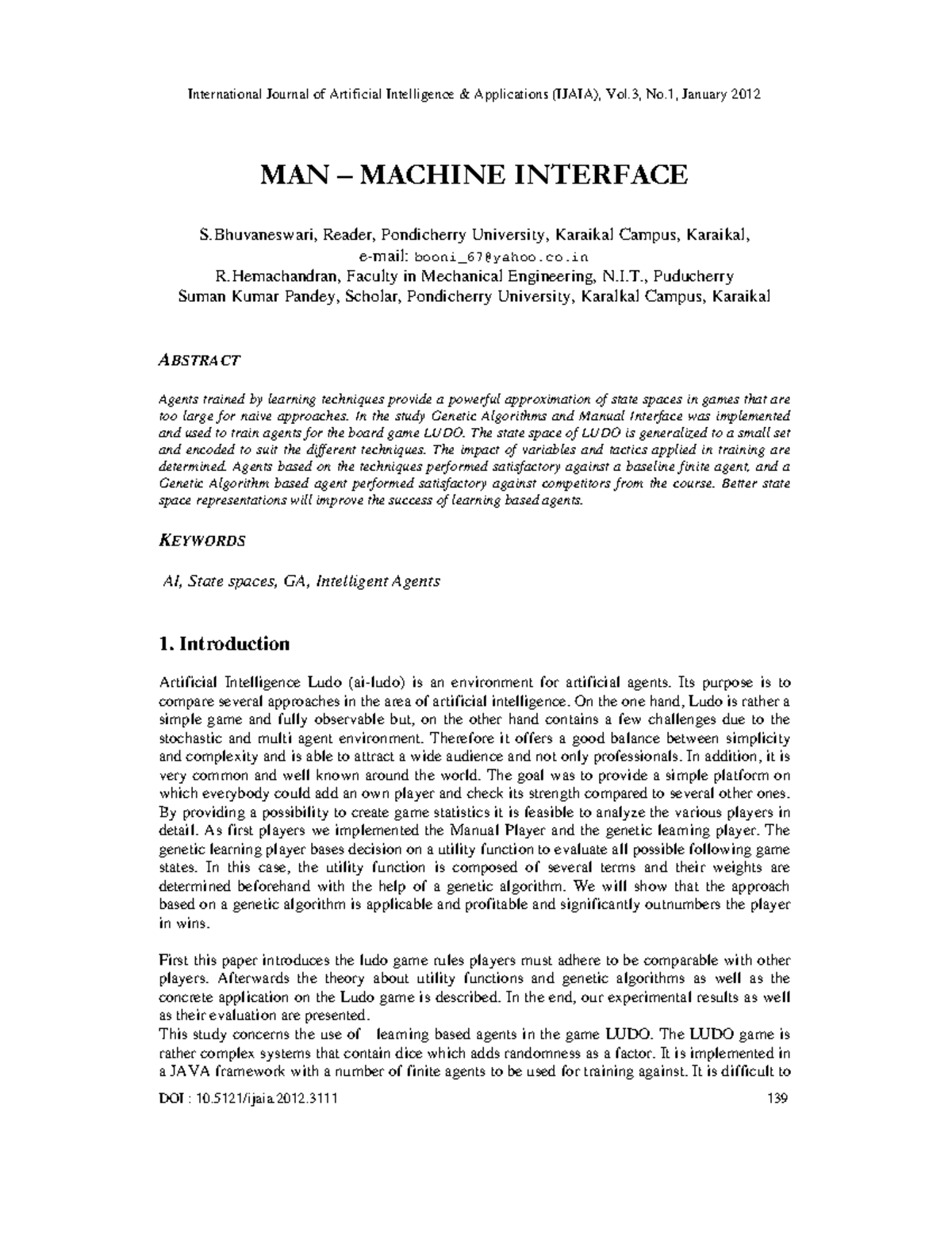 Man - Machine Interface - DOI : 10.5121/ijaia.2012 139 S, Reader, - Studocu