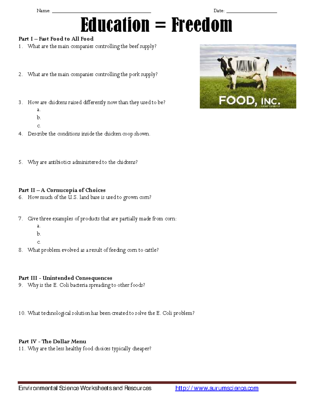 Worksheet - Food Inc - Name: ___________________________________ Date