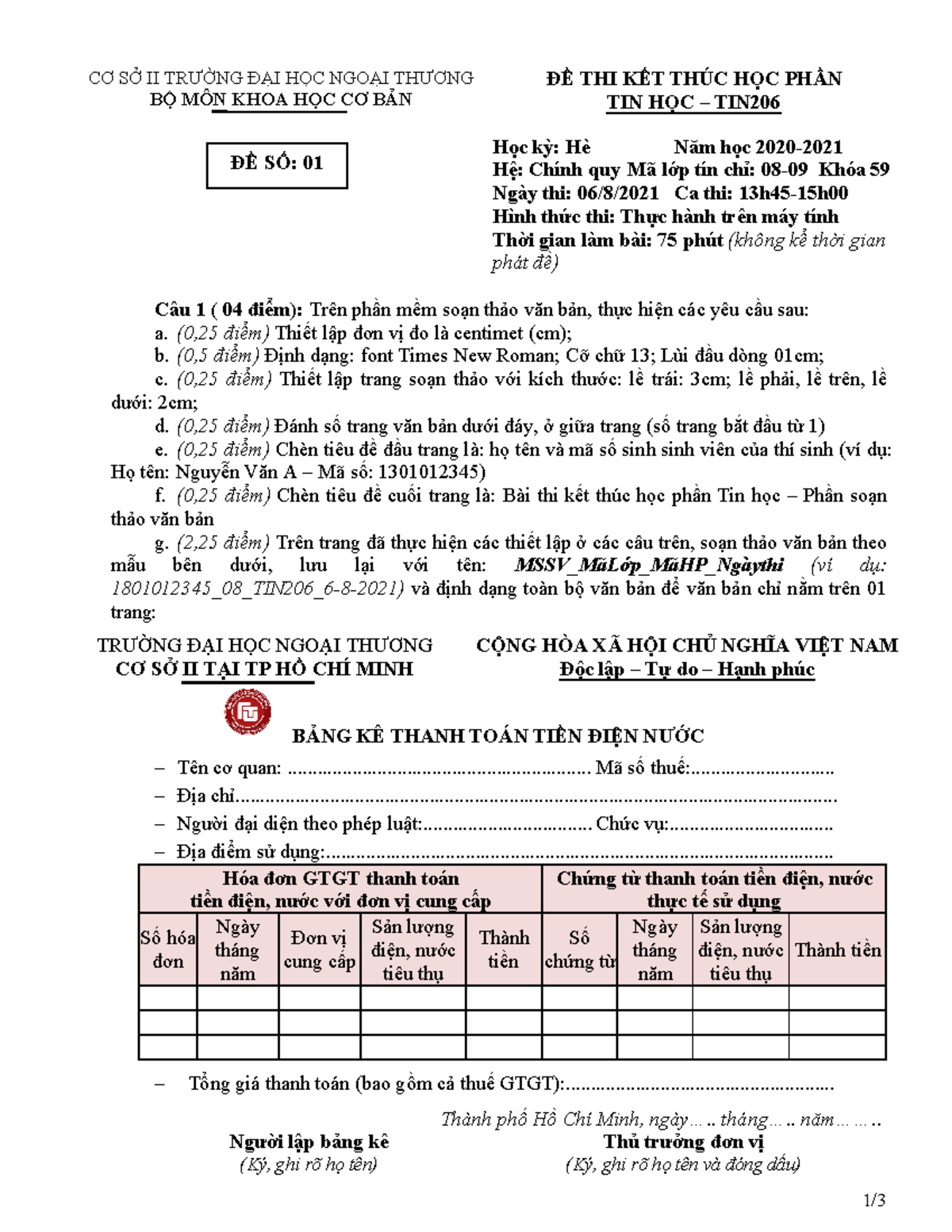 De 1 ĐỀ Thi KẾt ThÚc HỌc PhẦn MÔn Tin HỌc 1 3 CƠ SỞ Ii TrƯỜng ĐẠi HỌc NgoẠi ThƯƠng BỘ MÔn 