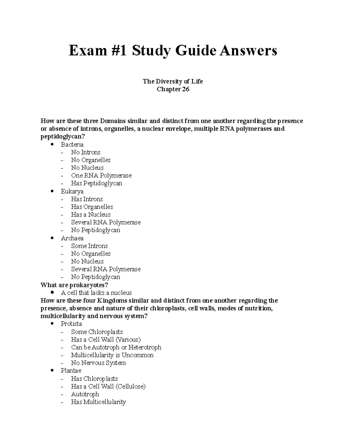 Exam 1 Review Answers - Exam #1 Study Guide Answers The Diversity of ...