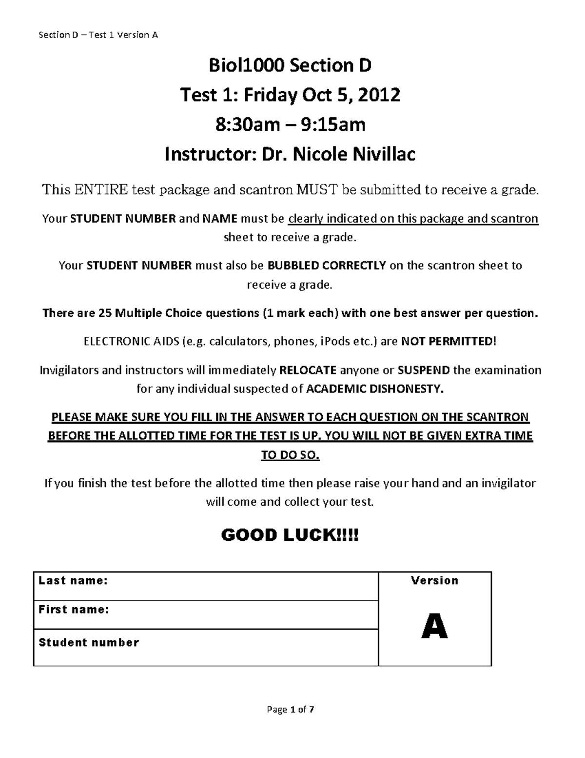 Exam 10 October 2012, questions and answers - Section D Test 1 Version ...