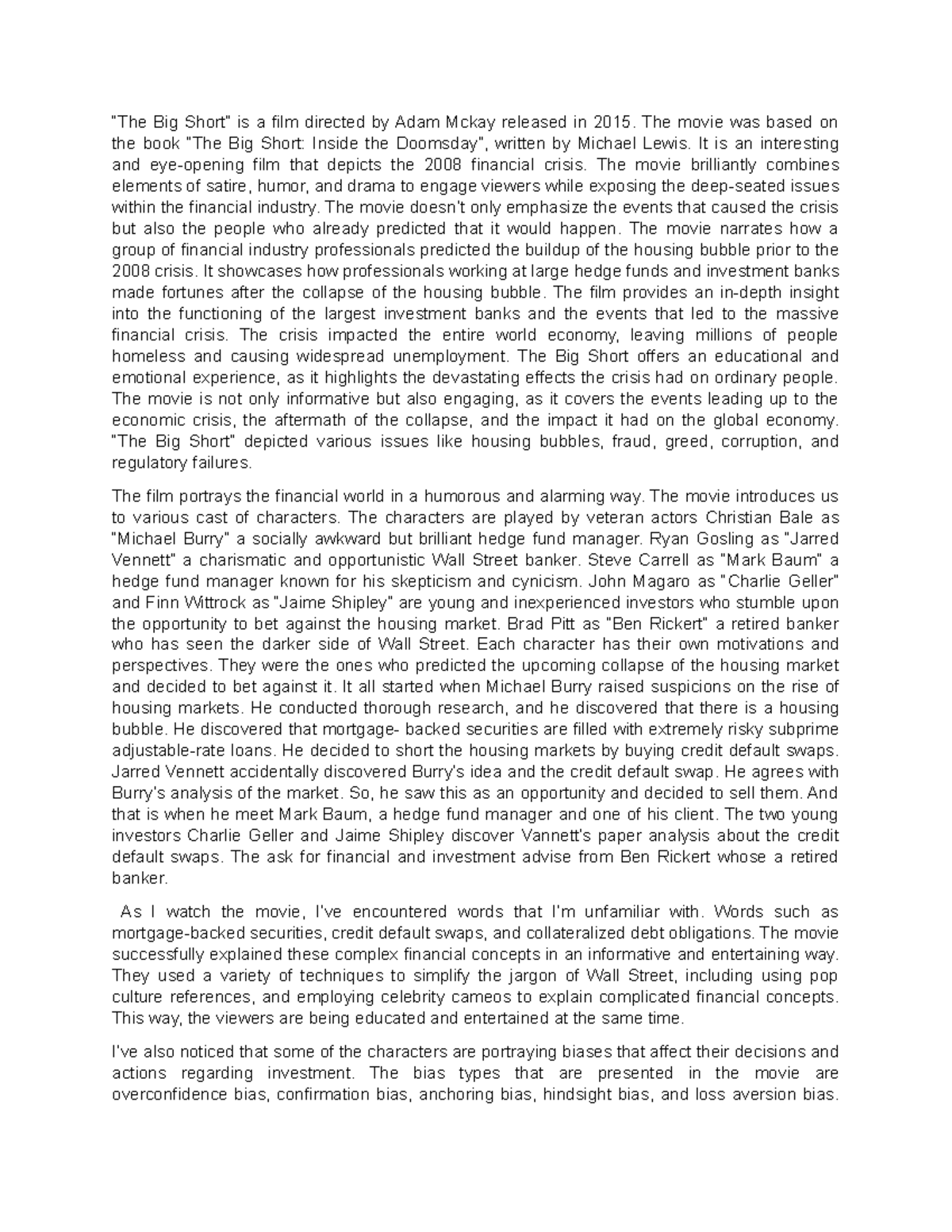 Draft - notes - “The Big Short” is a film directed by Adam Mckay ...