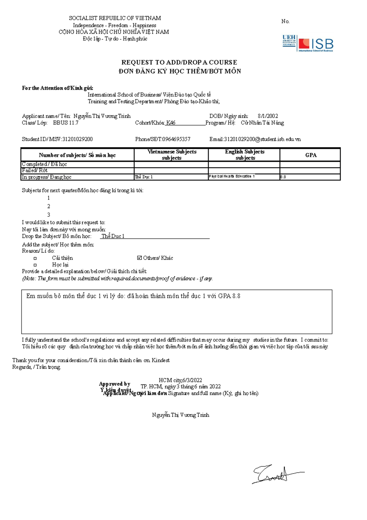 Add-Drop subjects request form - No. HCM city,6/3/ TP. HCM, ngày 3 ...
