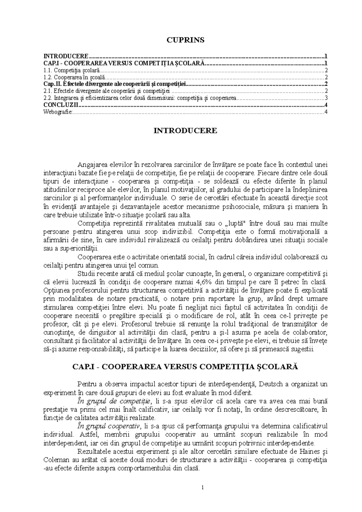 Referat 1 cooperarea și competiția 18 - CUPRINS - Studocu