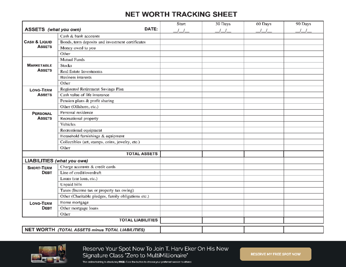 SOMM Networth Tracking Sheet - NET WORTH TRACKING SHEET Start 30 Days ...
