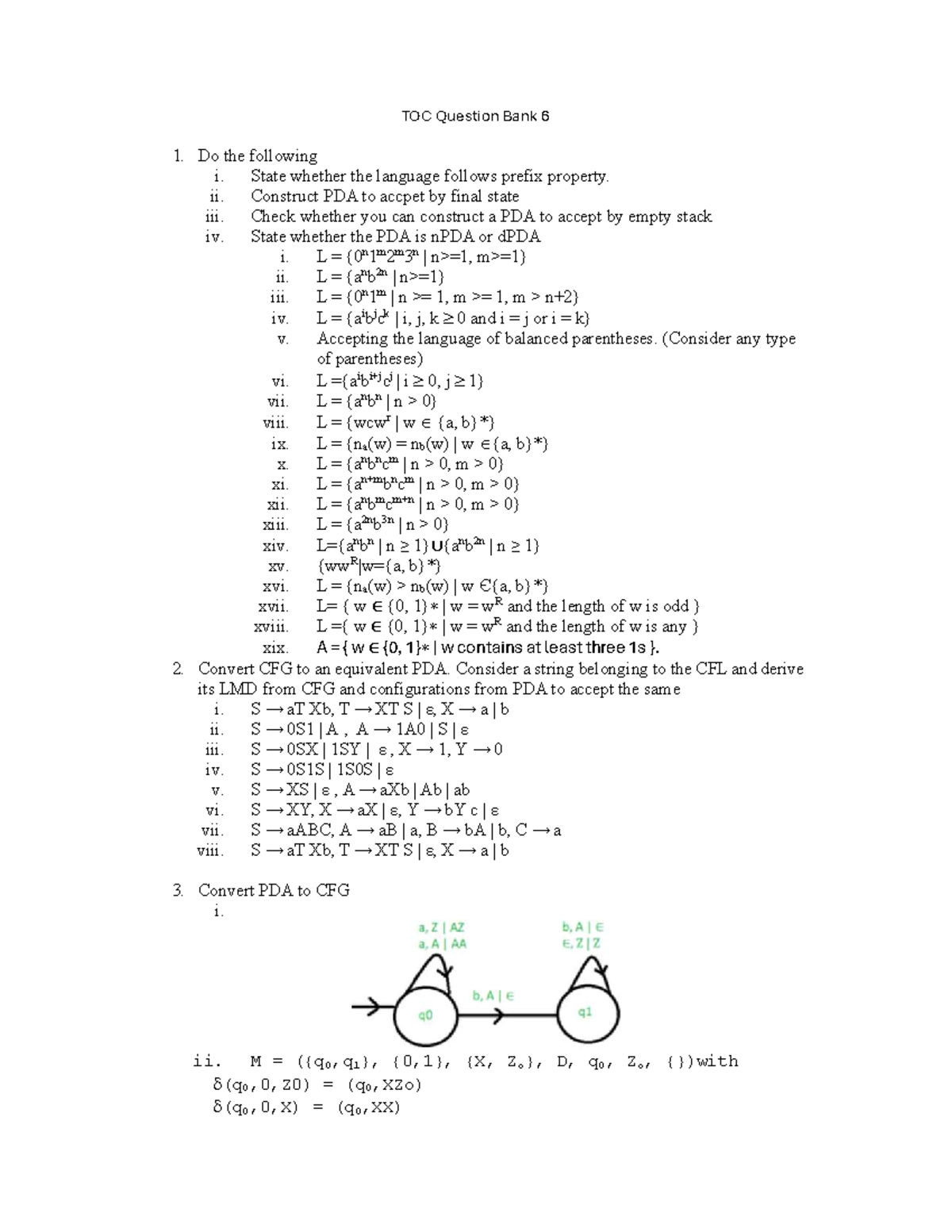 TOC QB6 - Therory of computation - TOC Question Bank 6 Do the following ...