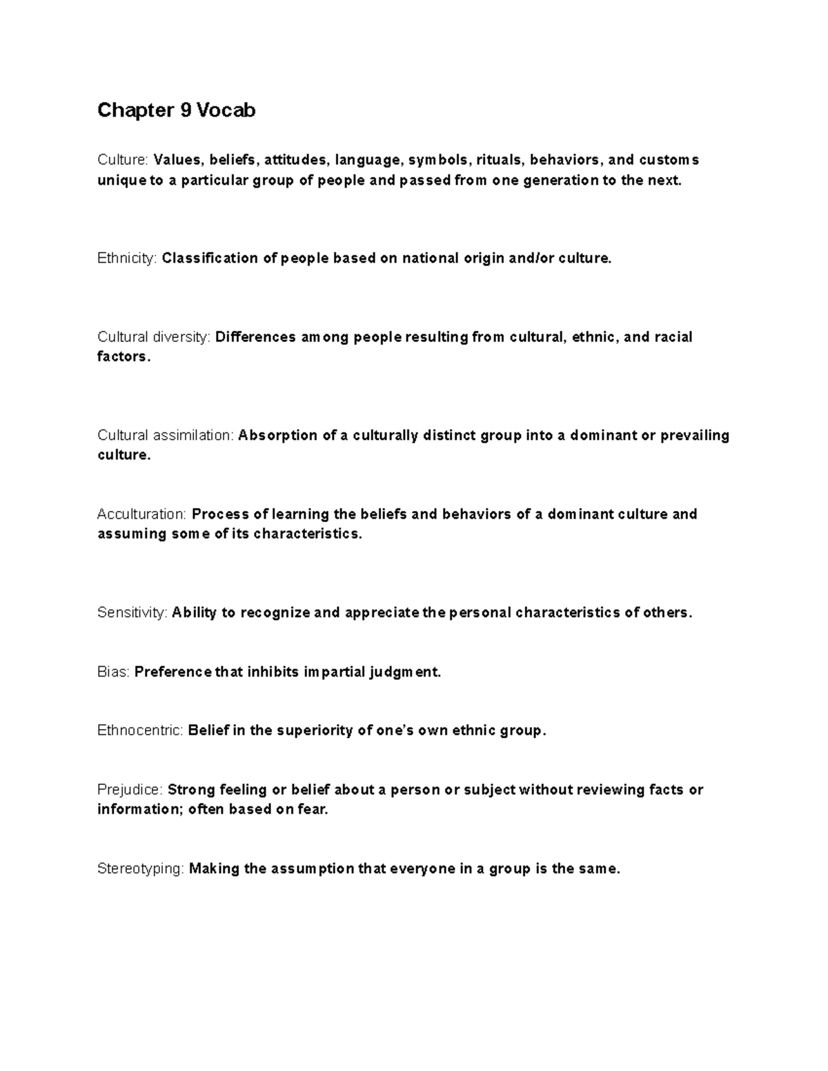 Chapter 9 Vocab - Chapter 9 Vocab Culture: Values, beliefs, attitudes ...