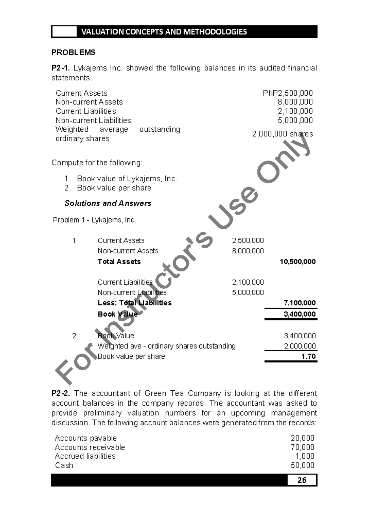 VALUATION C2 PROBLEMS ANSWER KEY - PROBLEMS P2-1. Lykajems Inc. showed ...