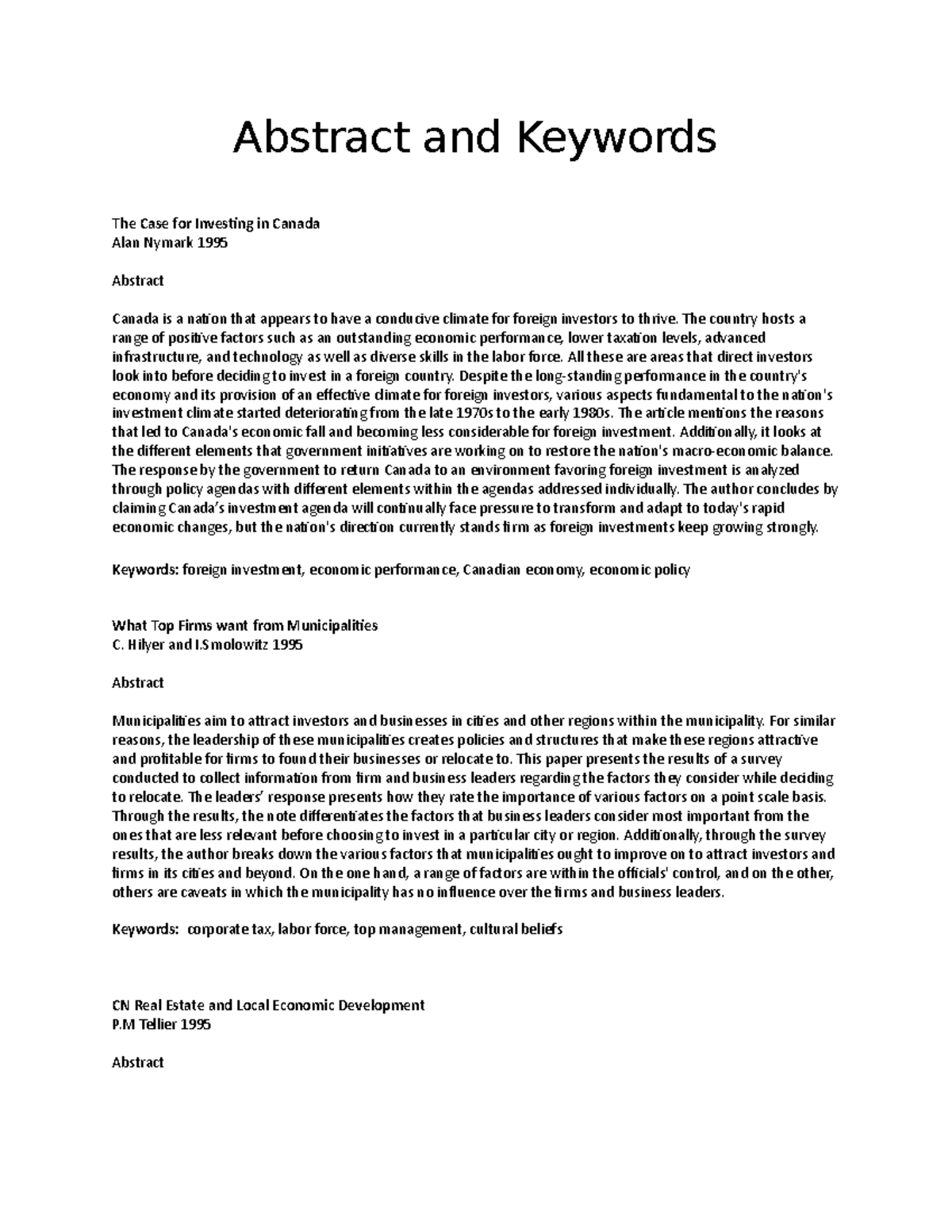 Abstract And Keyword 2 Abstract And Keywords The Case For Investing In Canada Alan Nymark 1995