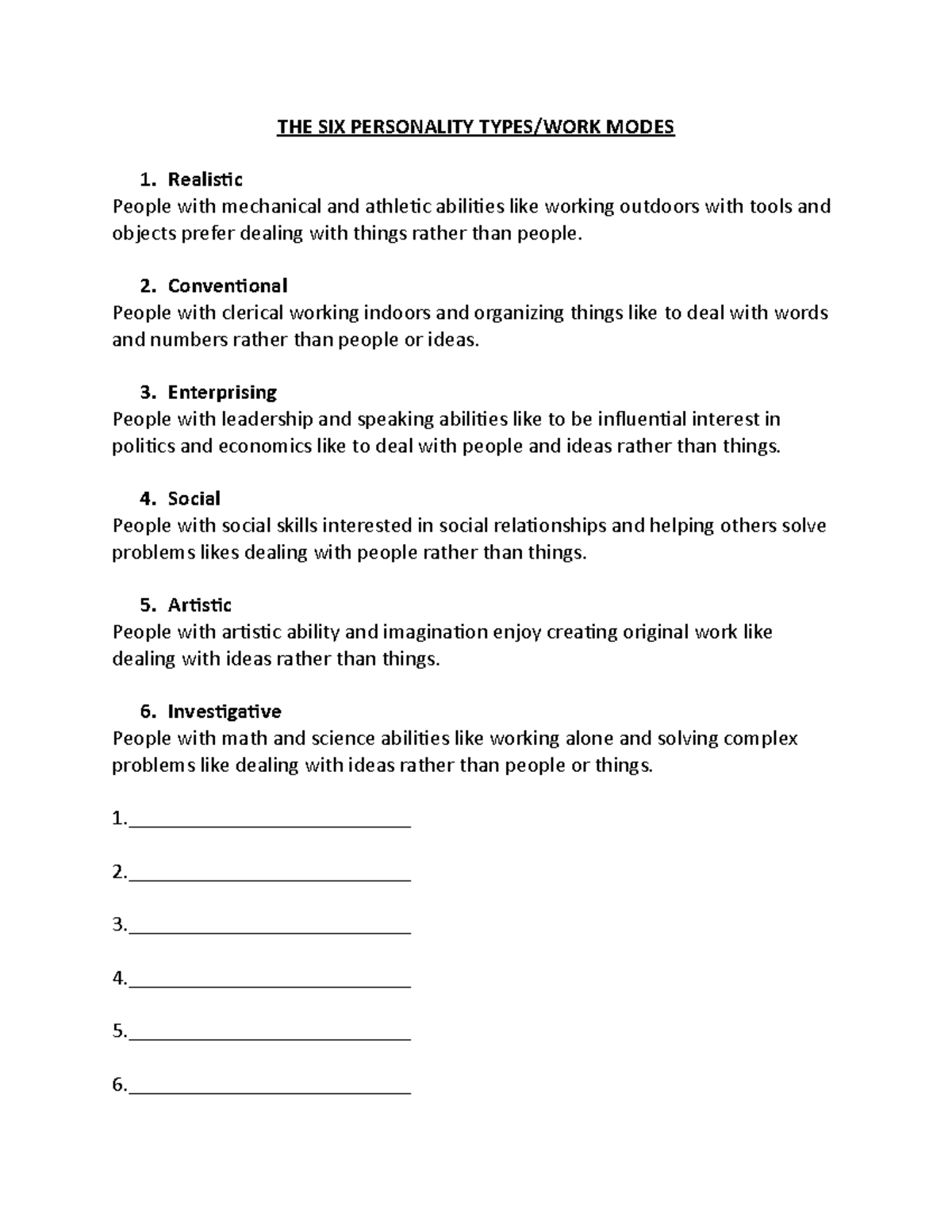 THE SIX Personality Types - THE SIX PERSONALITY TYPES/WORK MODES ...