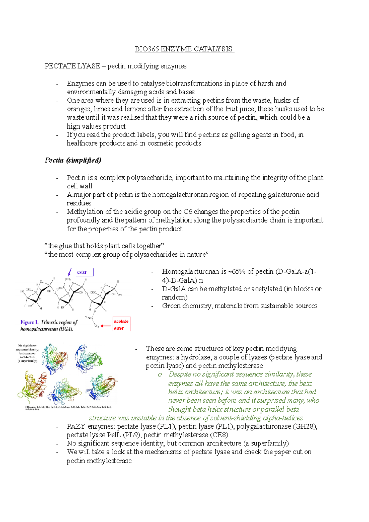 Week 8 - Pectate Lyase - Lecture notes 8 - BIO365 ENZYME CATALYSIS ...