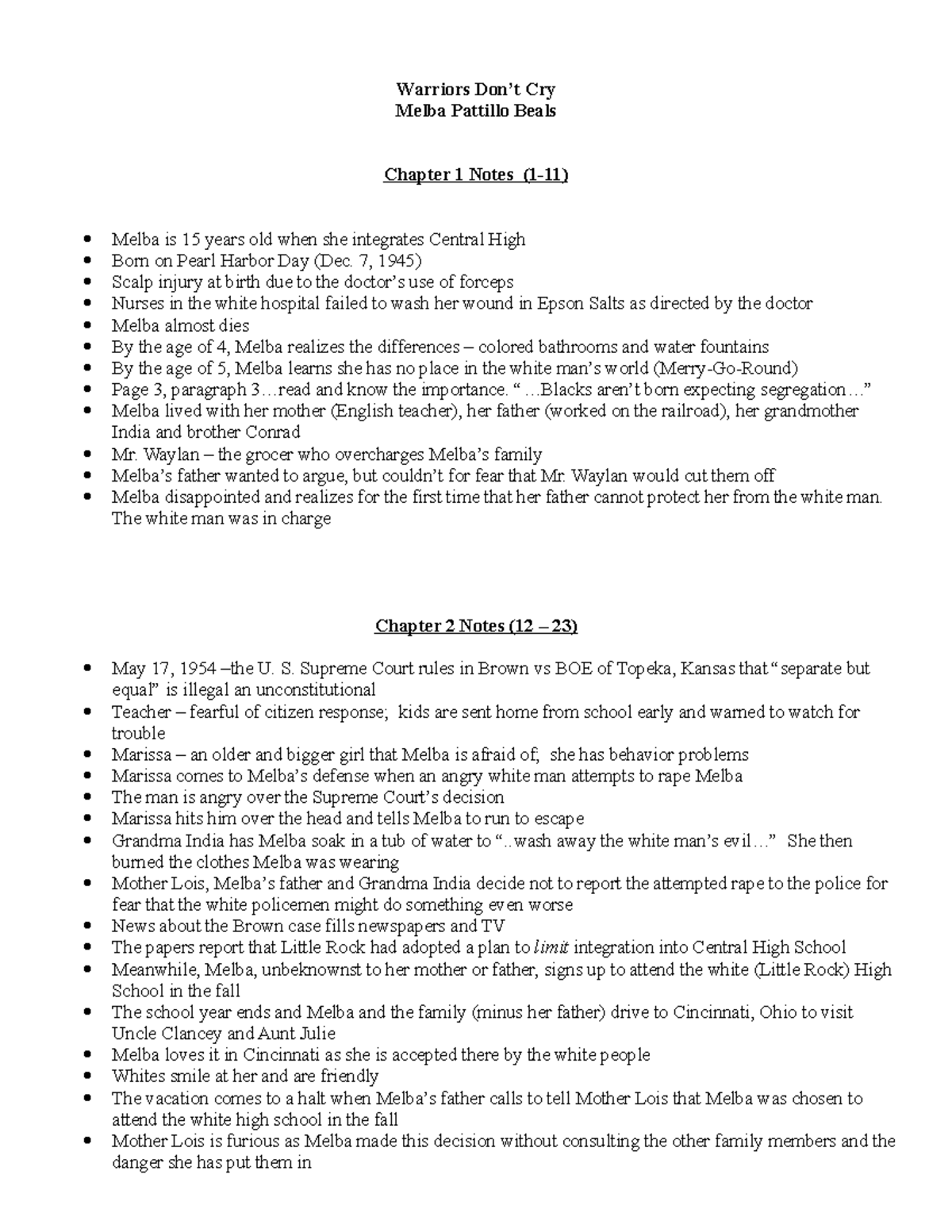 WDC chapter notes - Warriors Cry Melba Pattillo Beals Chapter 1 Notes ...