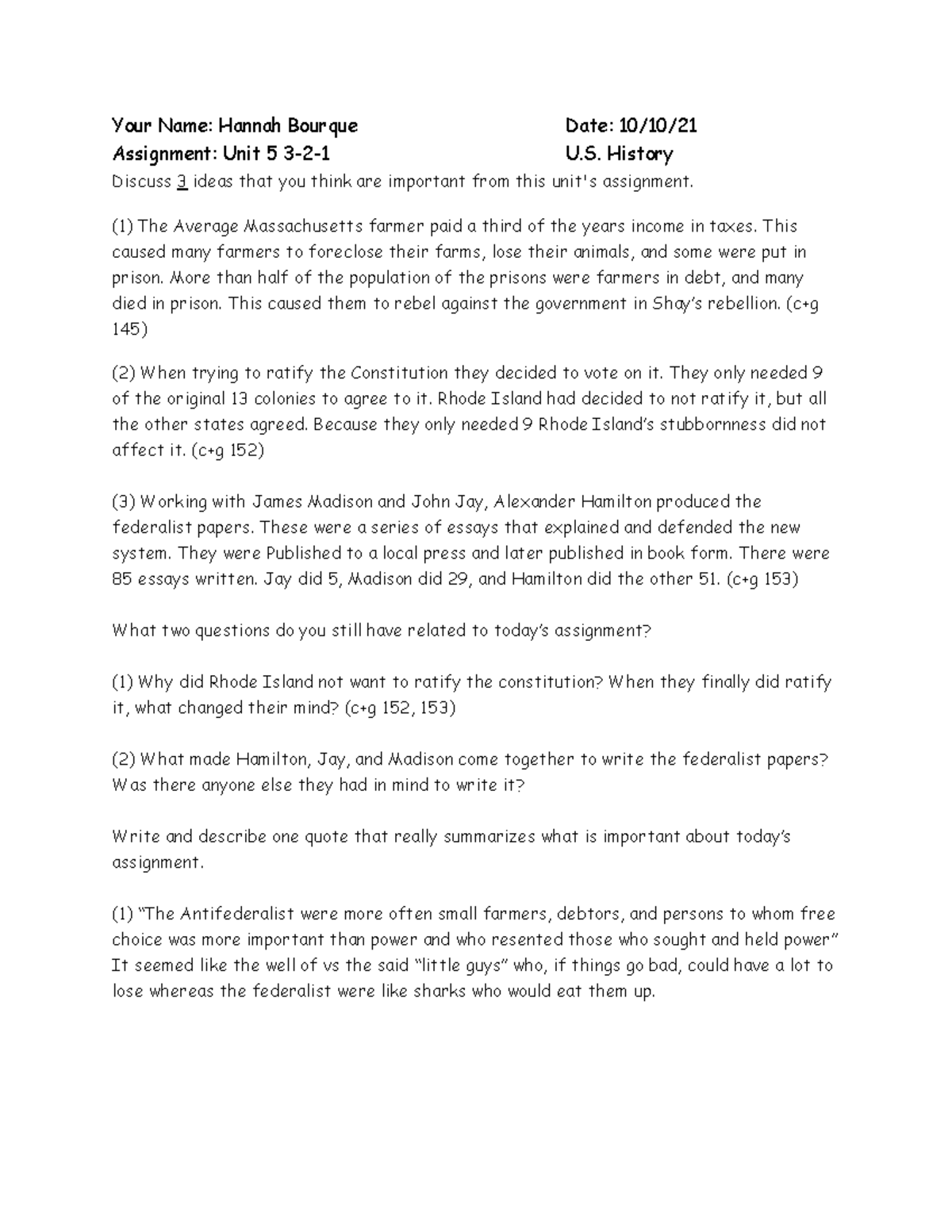 Unit 5 3-2-1 - U.S. History 3-2-1 assignment - Your Name: Hannah ...