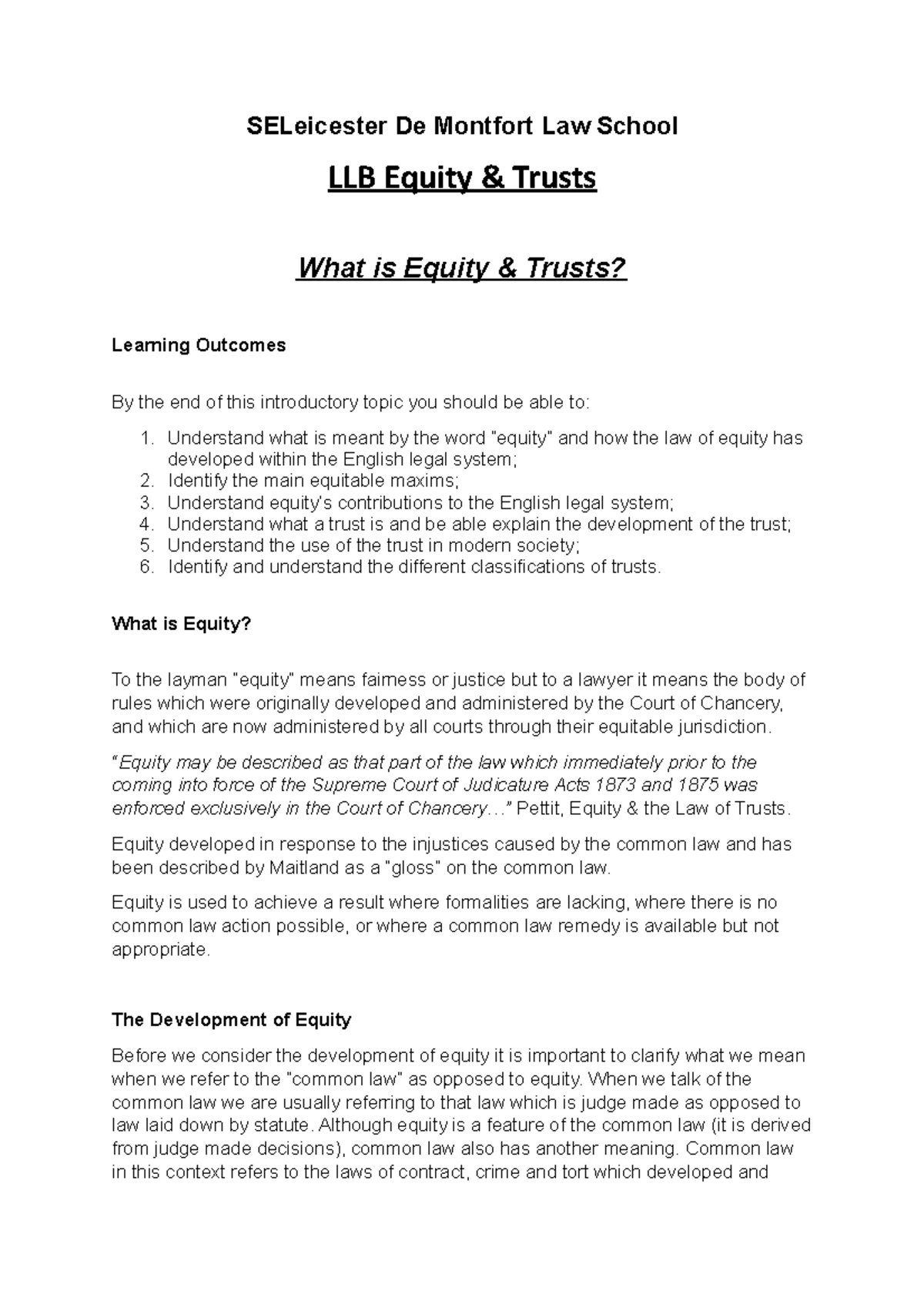 Equity and Trust - notes - SELeicester De Montfort Law School LLB ...