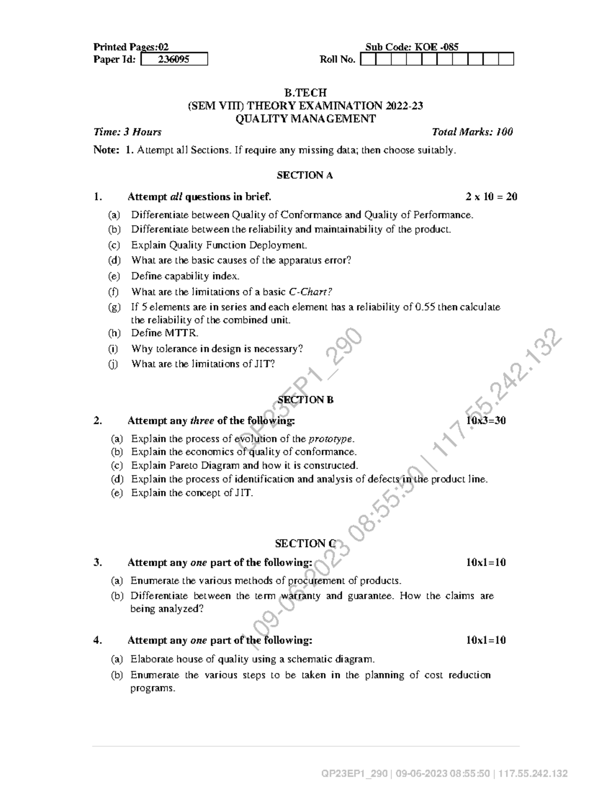 Btech oe 8 sem quality management koe 085 2023 - QP23EP1_ | 09-06-2023 ...