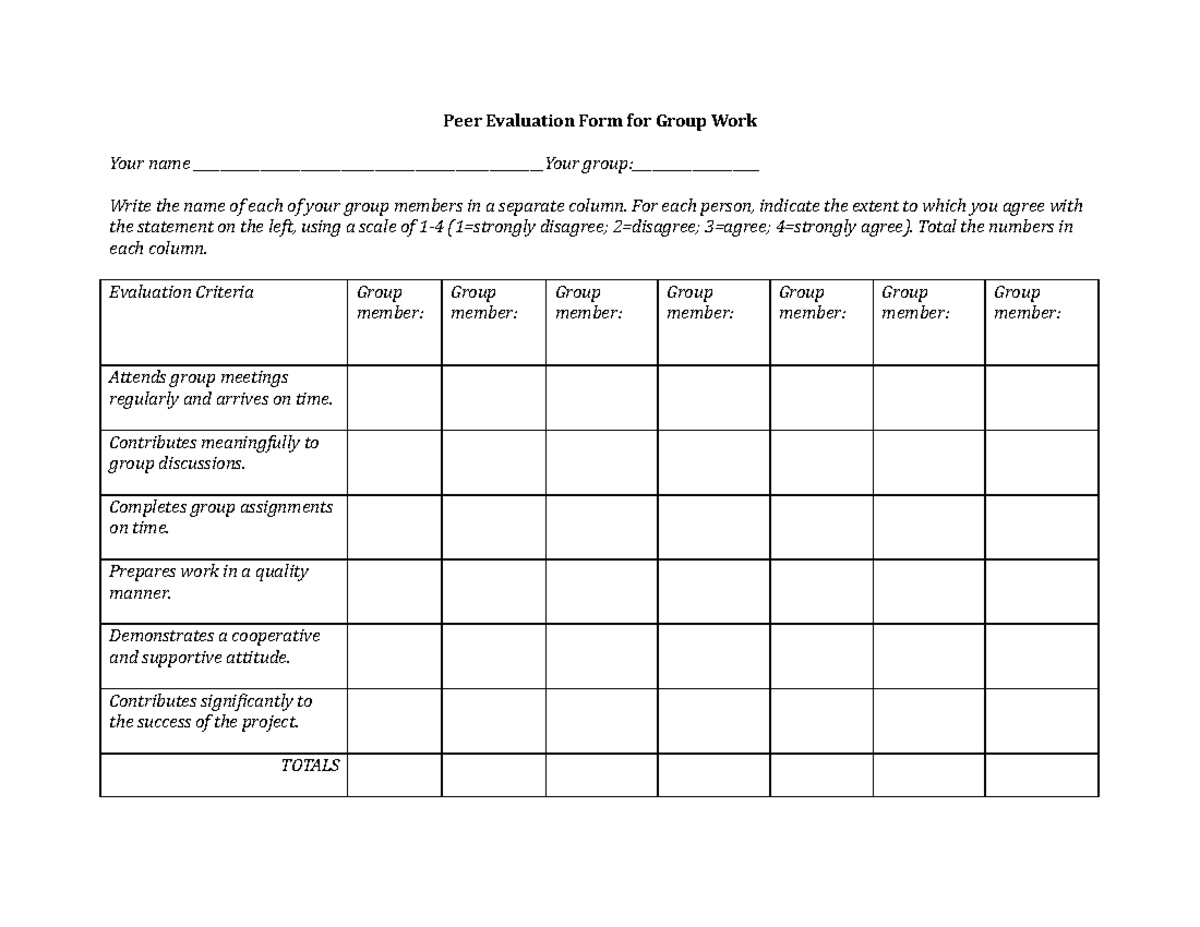 Peer Eval-Group Work - Peer Evaluation Form for Group Work Your name ...