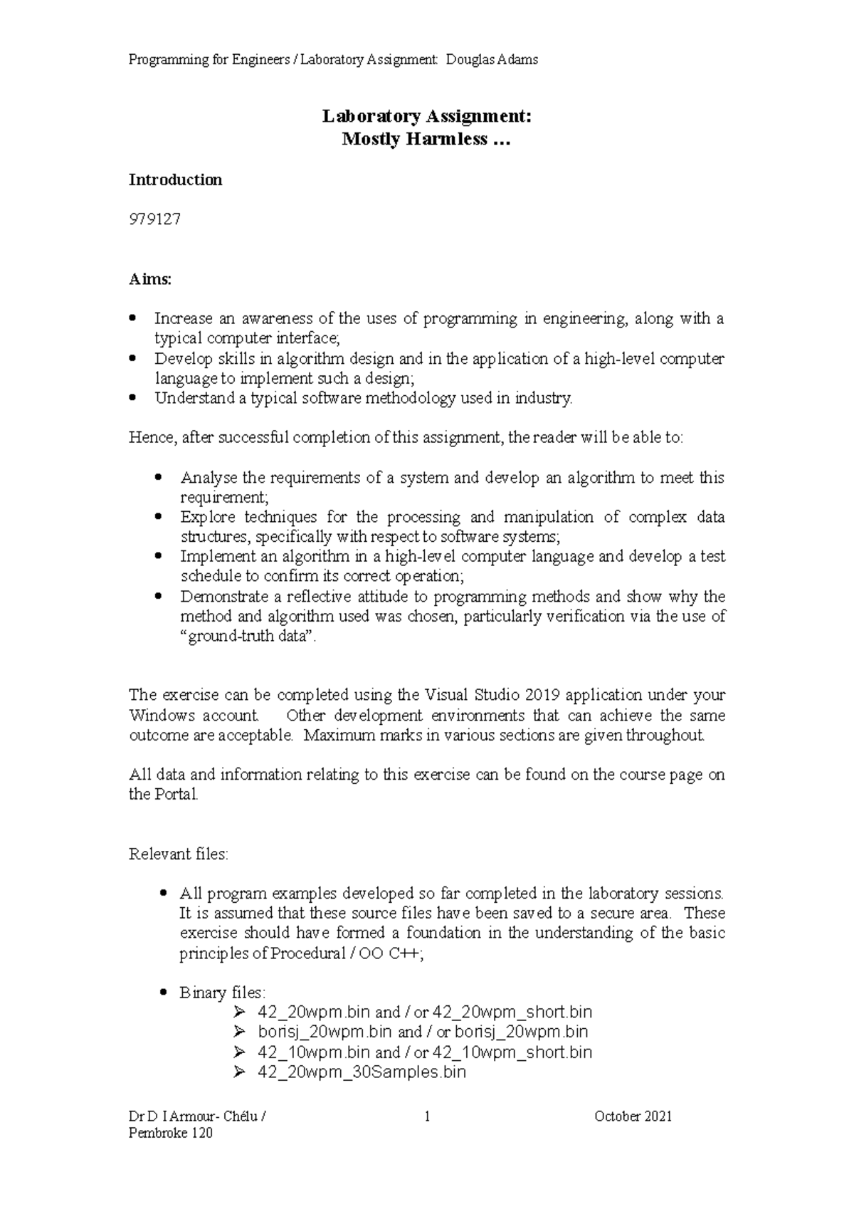 ELEE1147 Assignment 2122 - Laboratory Assignment: Mostly Harmless ...