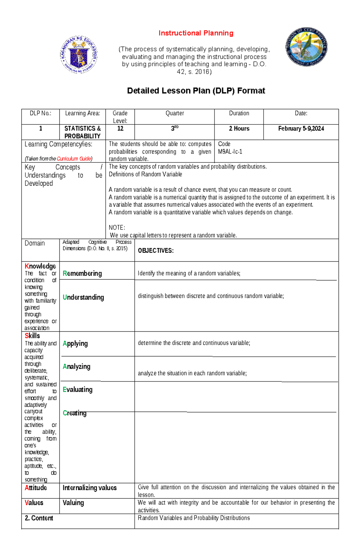 STATISTICS AND PROBABILITY - Instructional Planning (The process of ...
