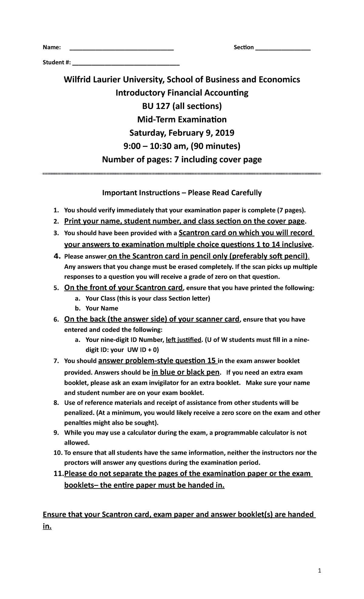 BU127 Midterm 1 Winter 2019 - Name: ________________________________ Section ...