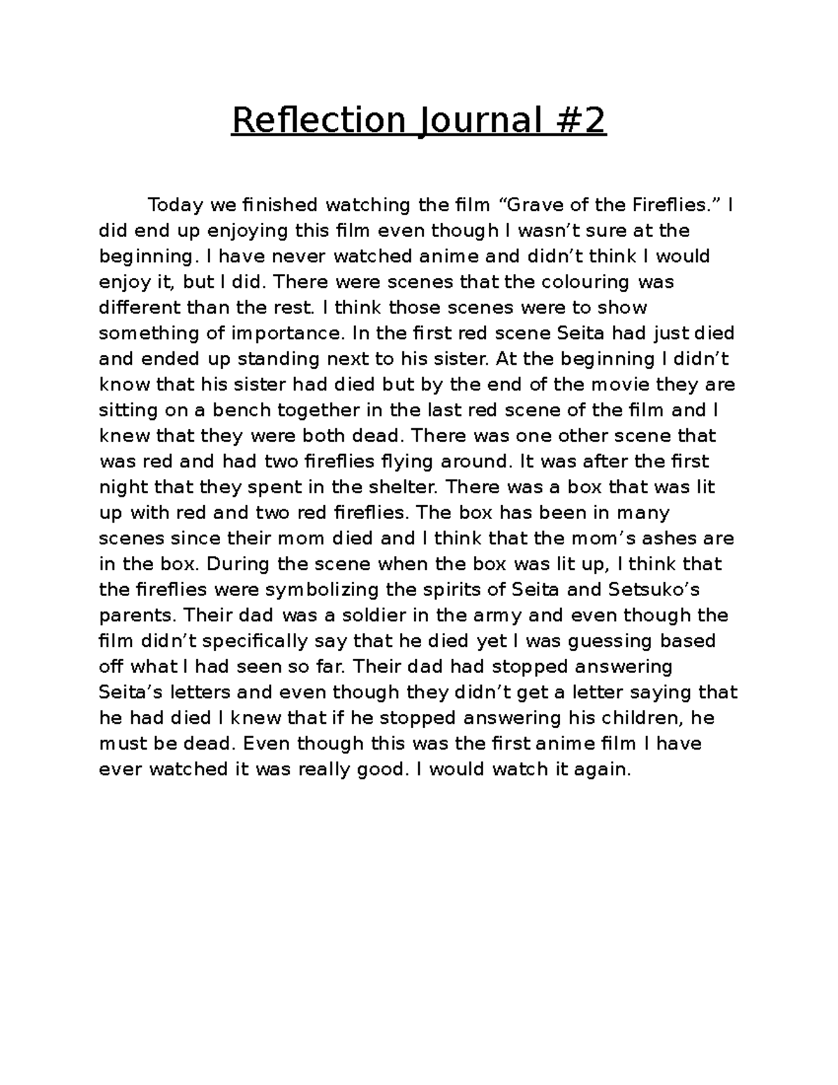 Reflection Journal #2 - n/a - Reflection Journal Today we finished ...