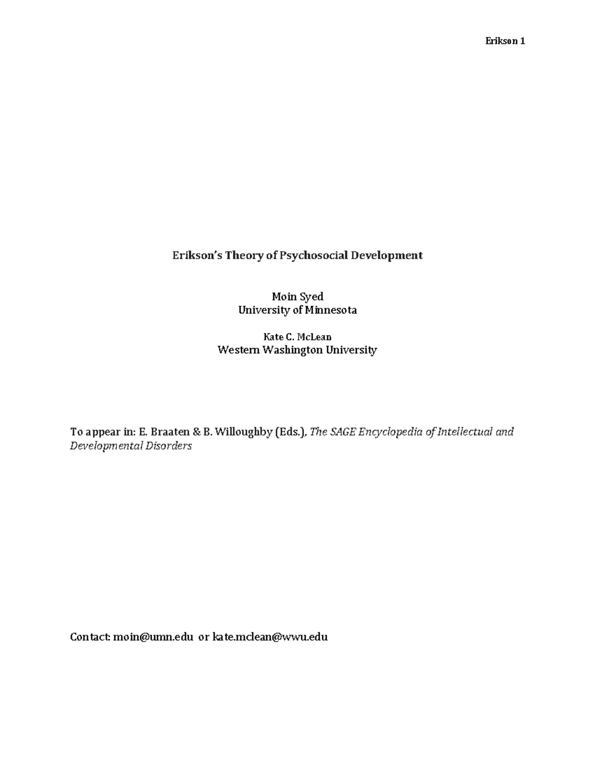 ERIK Erikson - Erikson’s Theory of Psychosocial Development Moin Syed ...