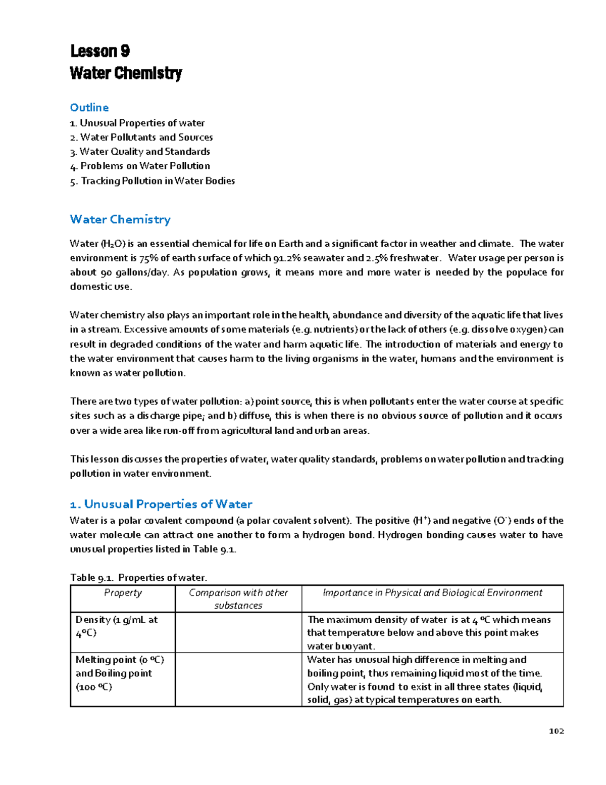 Lesson 9. Water Chemistry - Lesson 9 Water Chemistry Outline Unusual ...