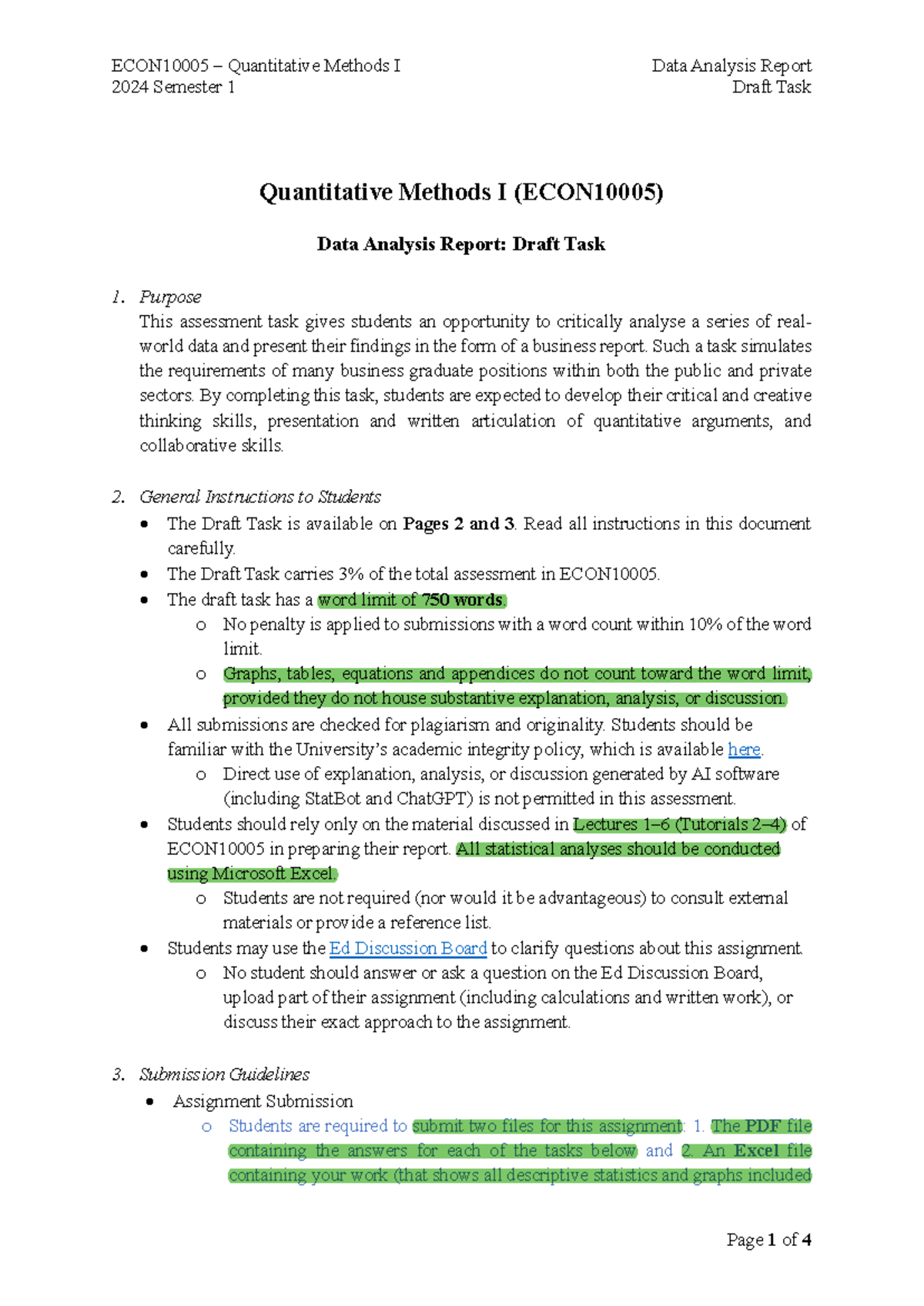 Individual Assignment Question (Sem1) - ECON10005 – Quantitative Methods I Data Analysis Report ...