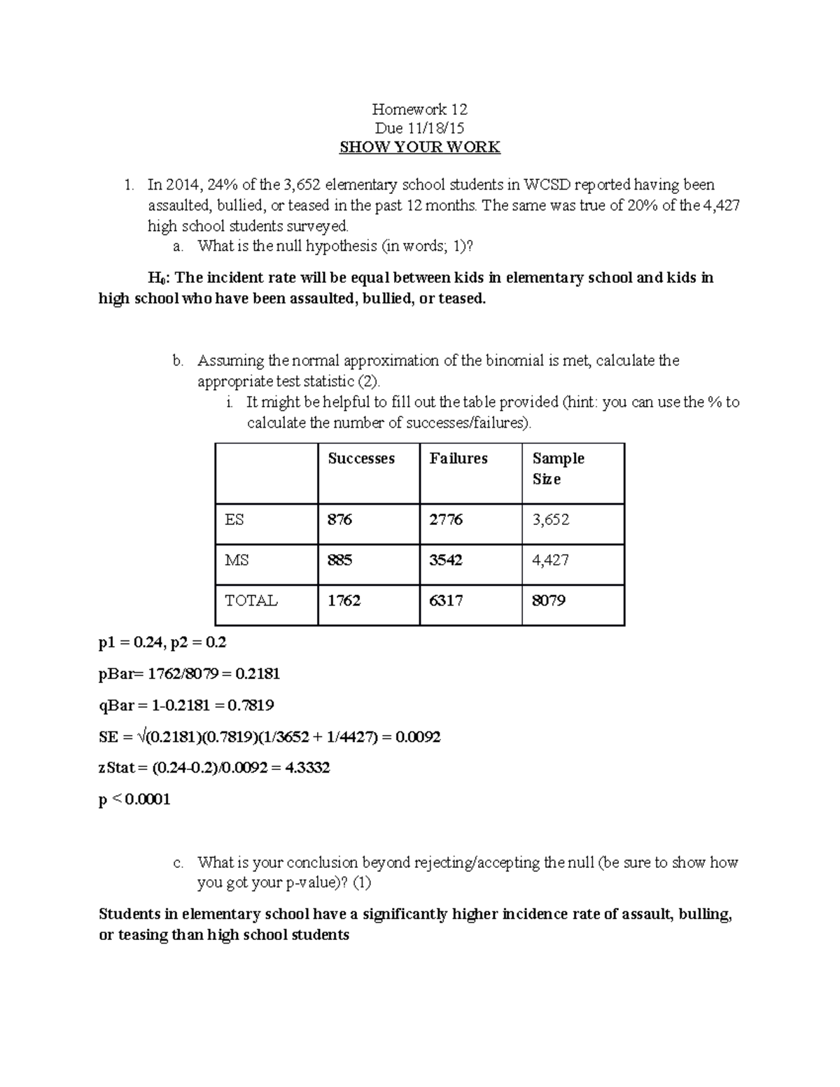 Homework 12 - Homework 12 Due SHOW YOUR WORK 1. In 2014, of the 3,652 ...