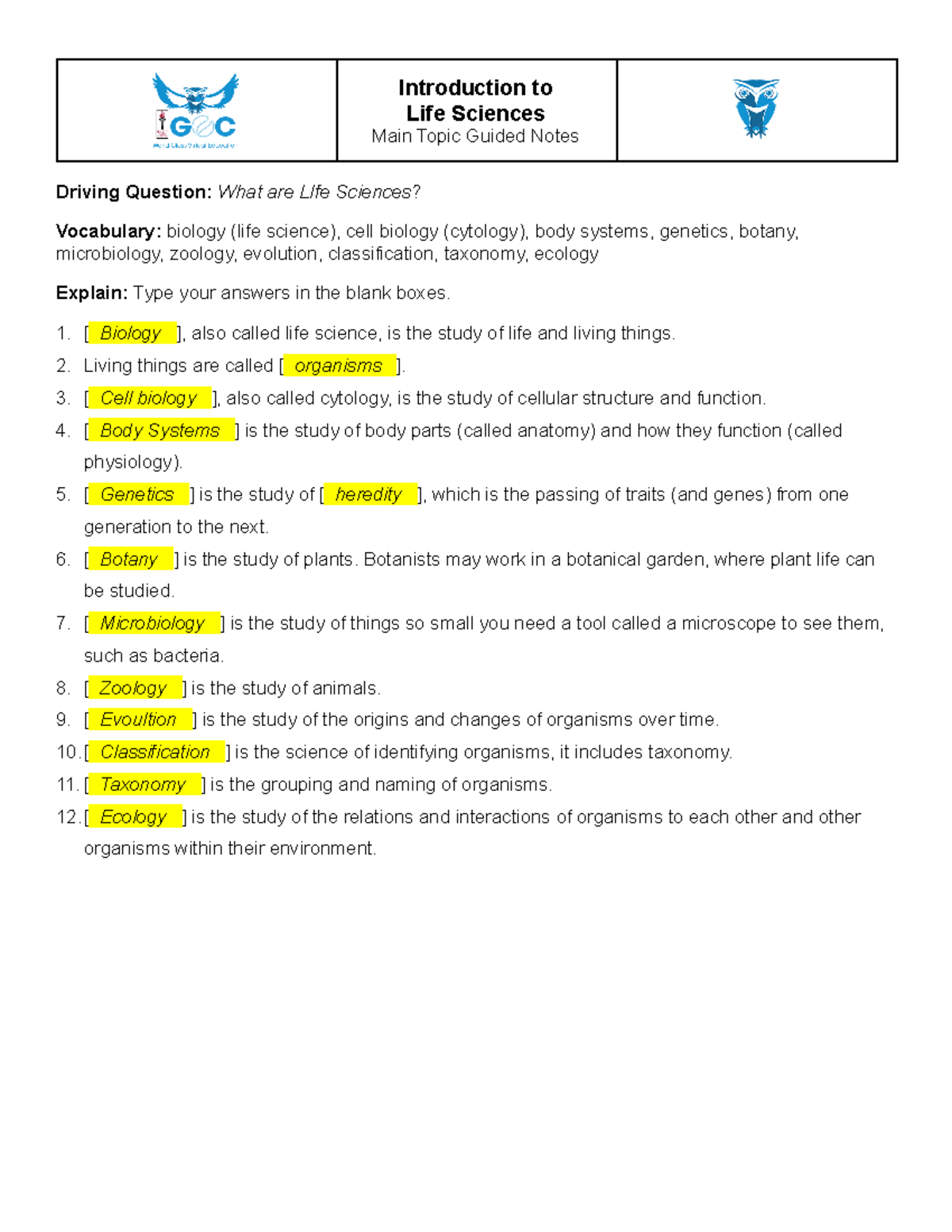 Introduction to Life Science Guided Notes - Introduction to Life ...